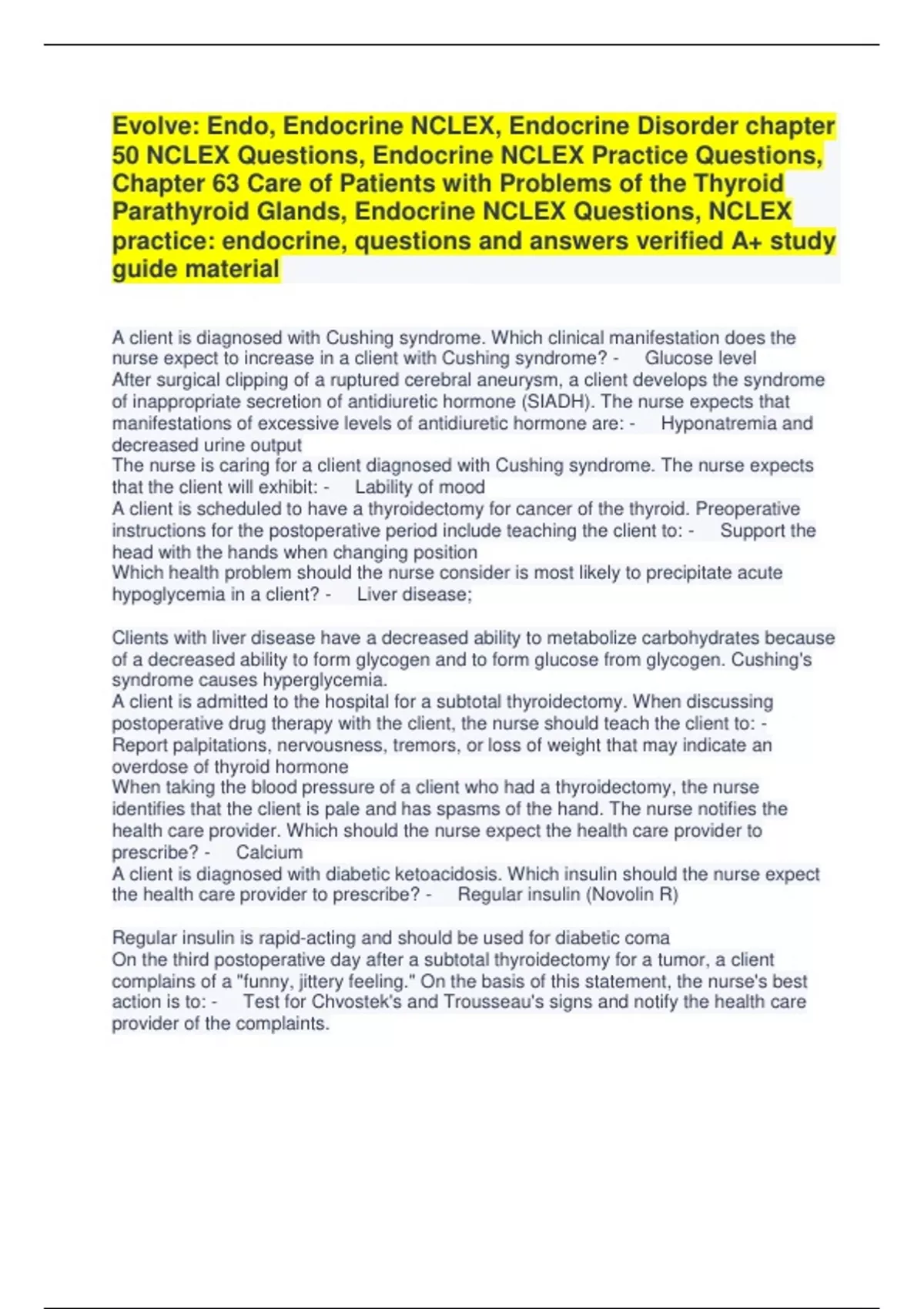 Evolve: Endo, Endocrine NCLEX, Endocrine Disorder chapter 50 NCLEX ...