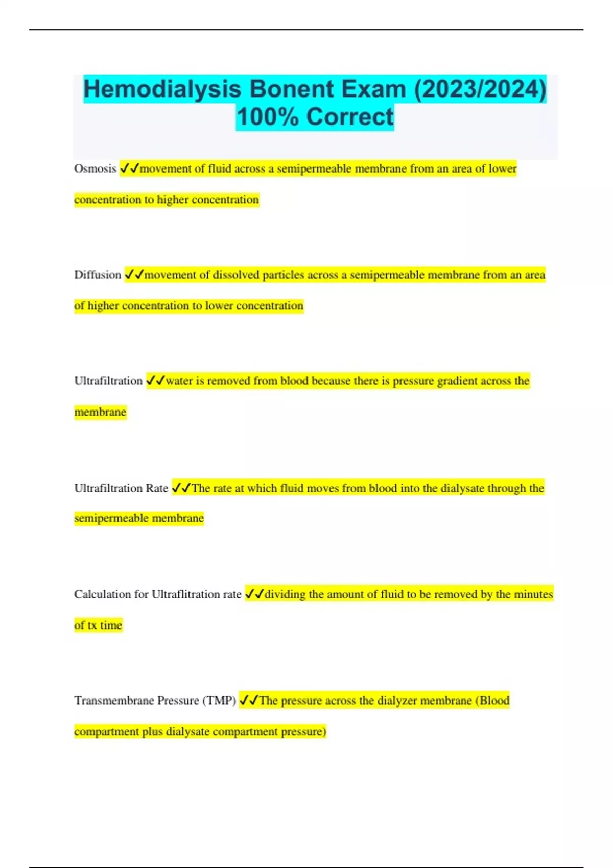 Hemodialysis Bonent Exam (2023/2024) 100% Correct - Hemodialysis Bonent ...