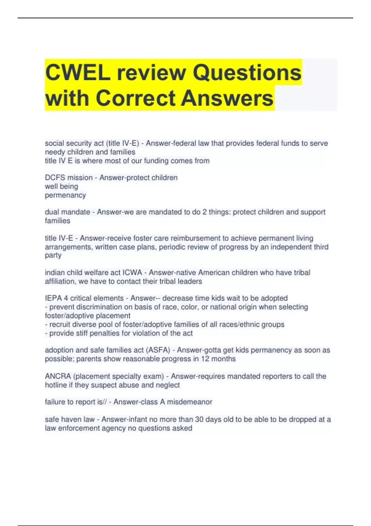 CWEL review Questions with Correct Answers - CWEL - Stuvia US
