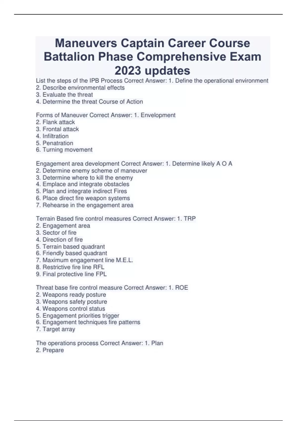 Maneuvers Captain Career Course Battalion Phase Comprehensive Exam 2023 Updates Maneuvers