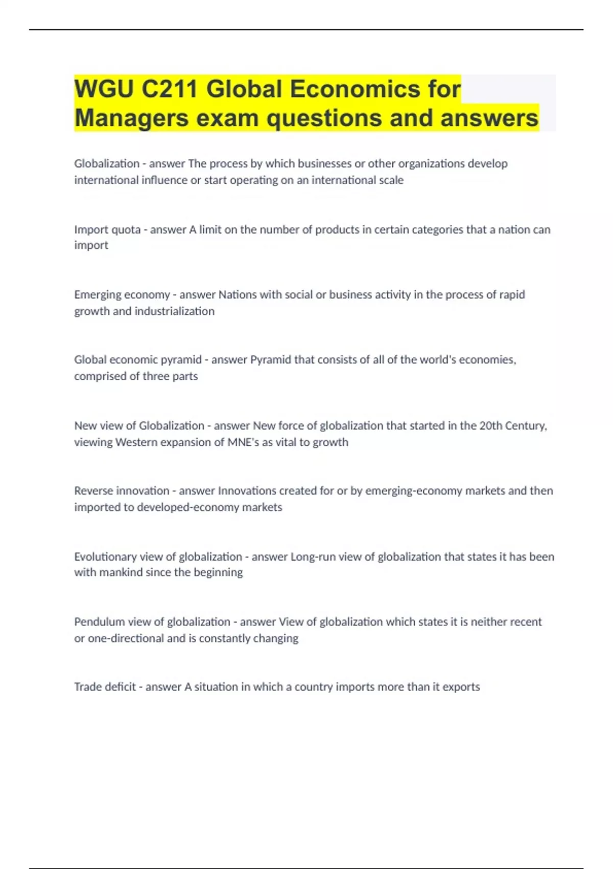 BUNDLE::::::::WGU C211;GLOBAL ECONOMICS FOR MANAGERS EXAMS|ALL GRADED ...
