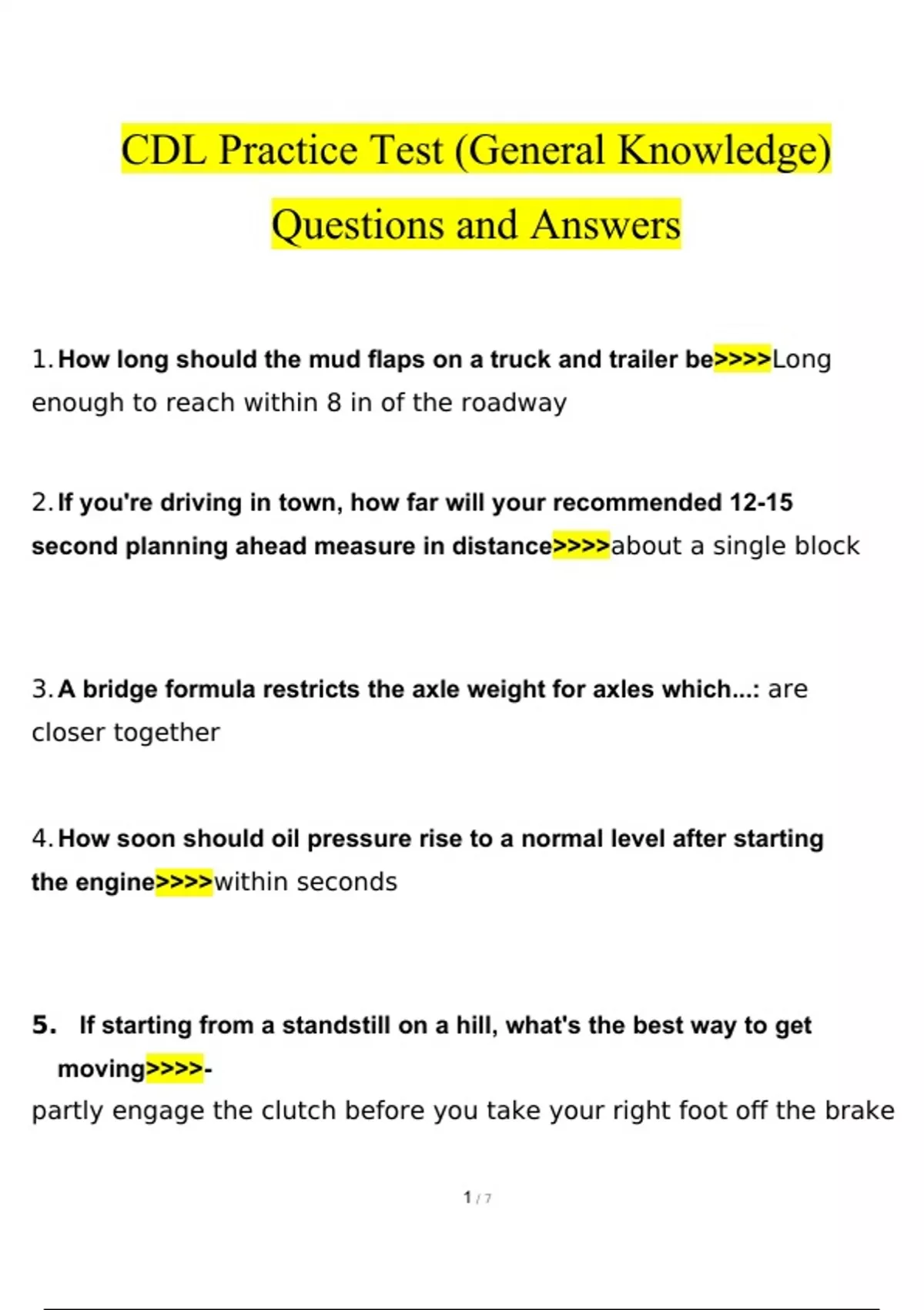 CDL Practice Test General Knowledge Questions And Answers Latest 100 CDL Practice Test General Knowledge Questions And Answers Latest 100