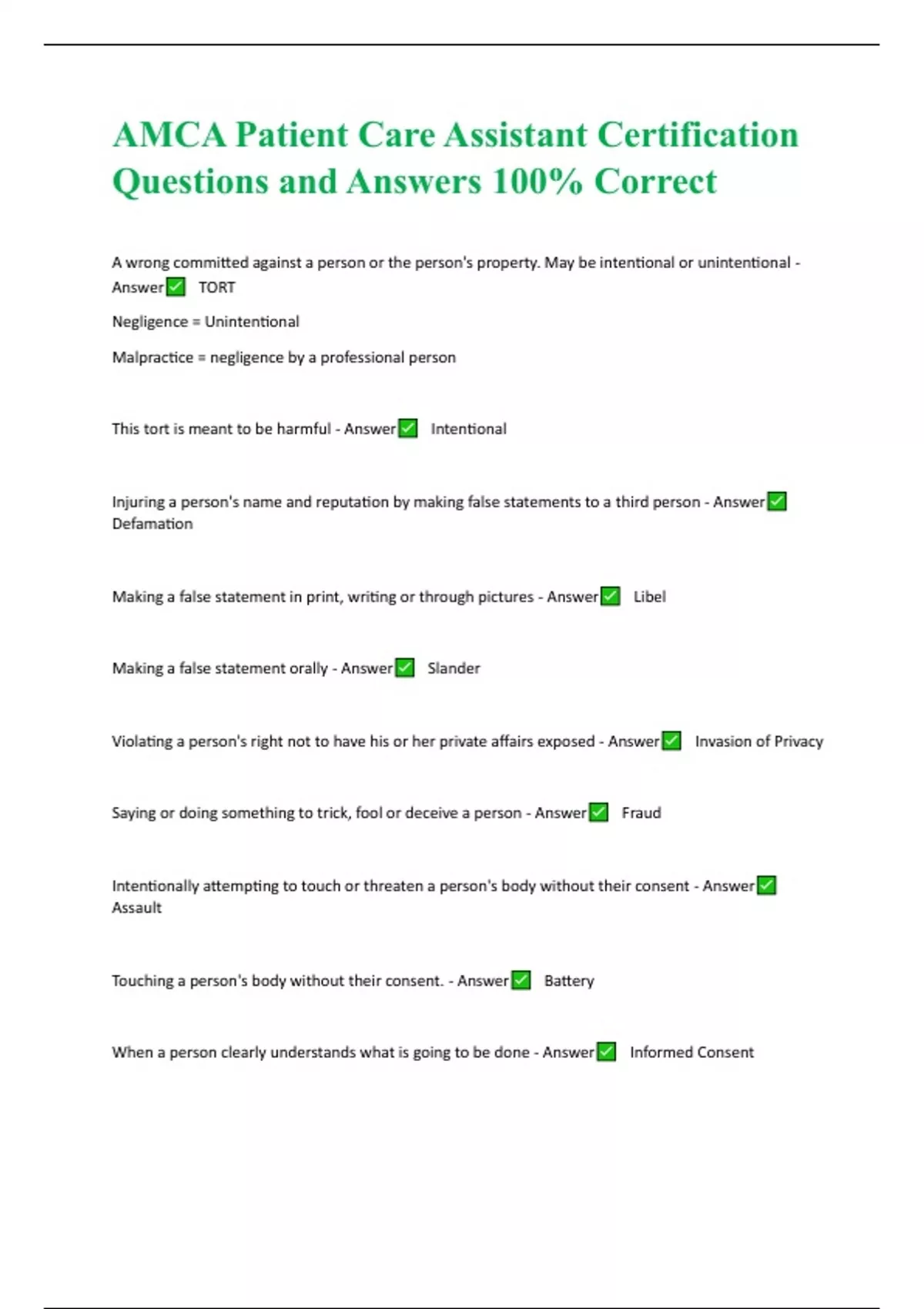 AMCA Patient Care Assistant Certification Questions and Answers 100% ...