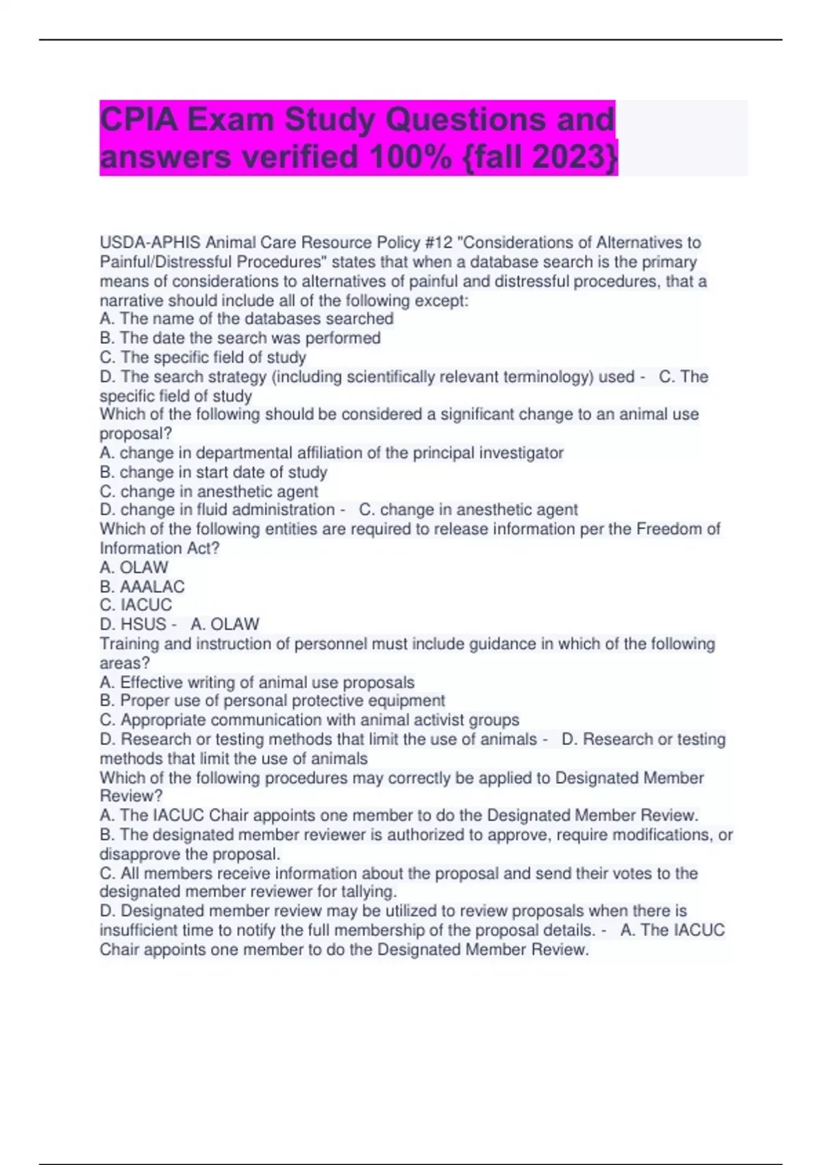 CPIA Exam Study Questions and answers verified 100% {fall 2023} - CPIA - Stuvia US