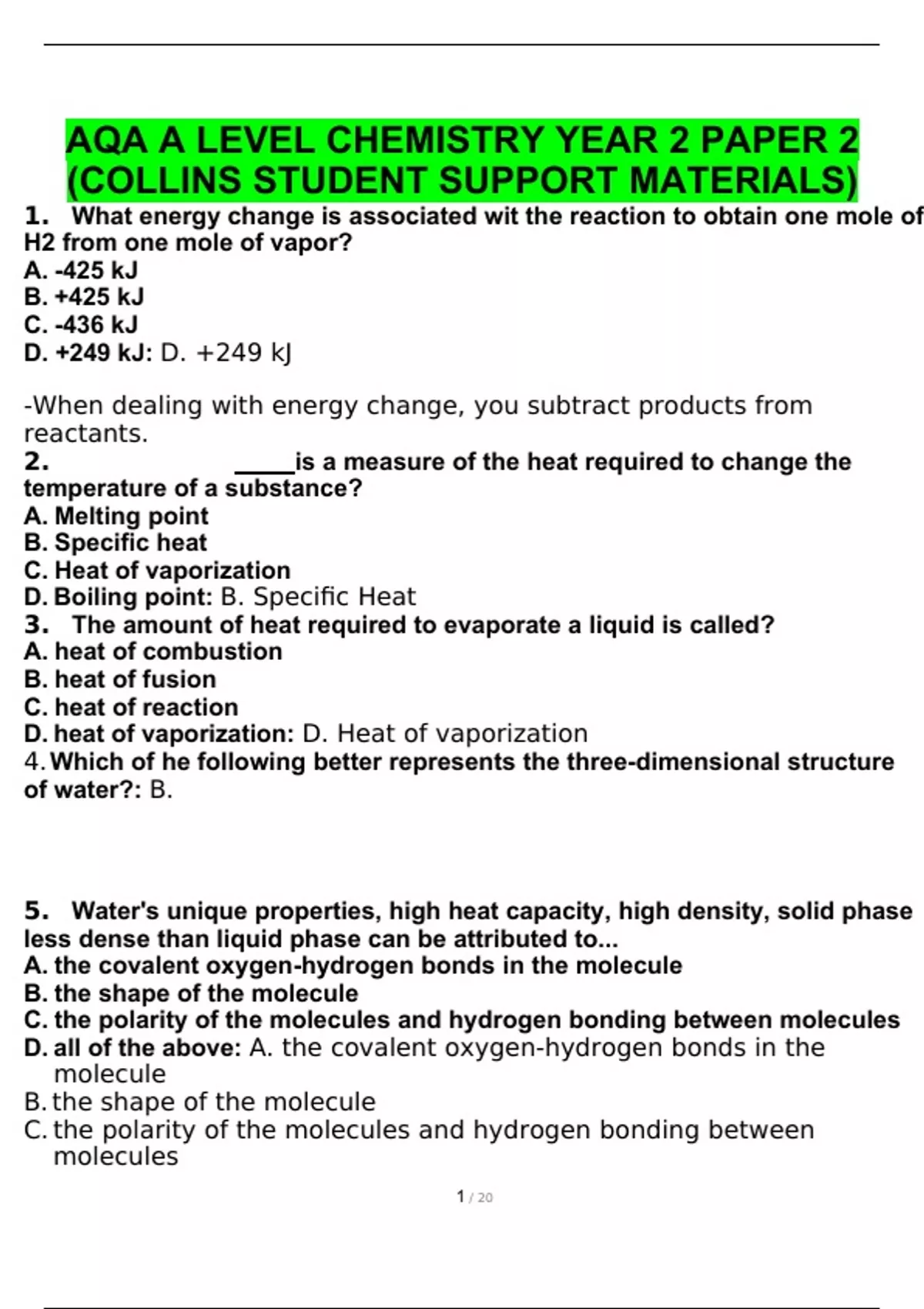 AQA A LEVEL CHEMISTRY YEAR 2 PAPER 2 (COLLINS STUDENT SUPPORT MATERIALS ...