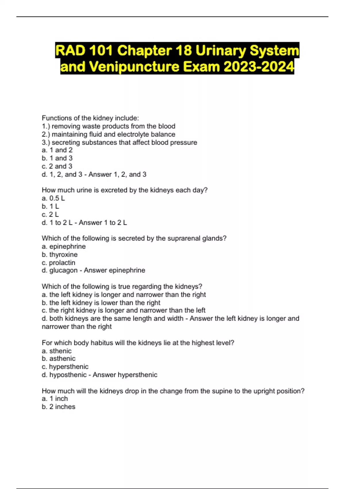 RAD 101 Chapter 18 Urinary System and Venipuncture Exam - RAD 101 ...