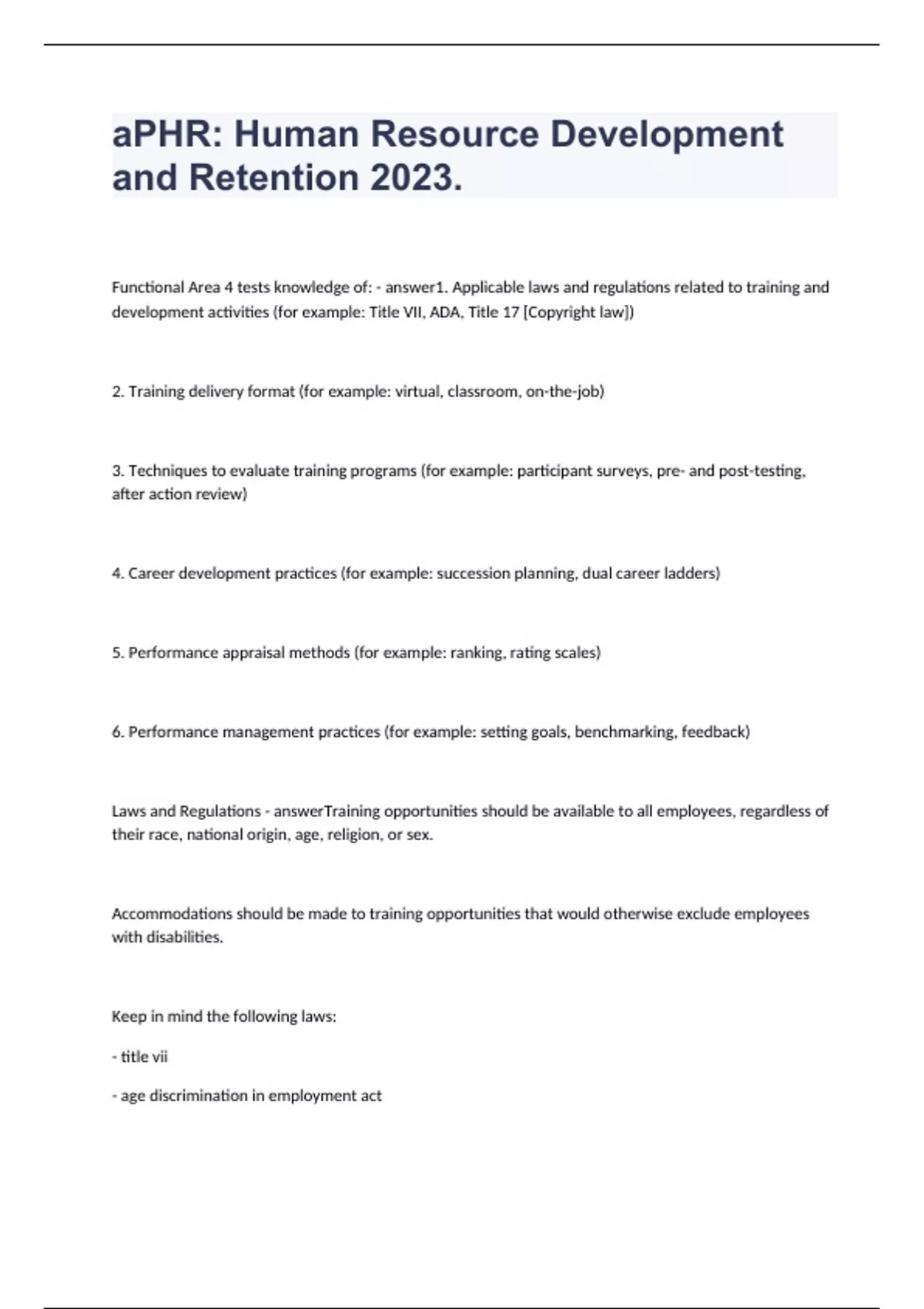 aPHR: Human Resource Development and Retention Revised Questions and Answers 2023 - Aphr ...