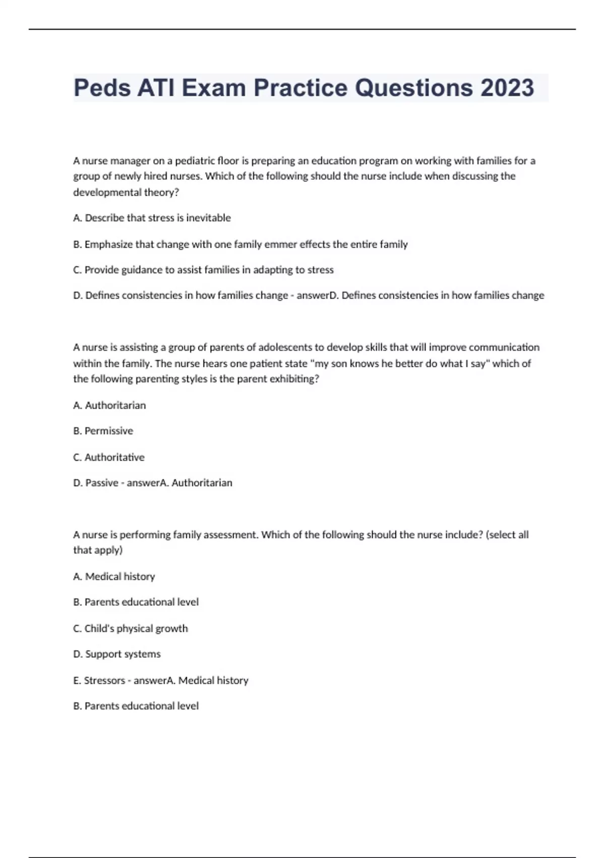 Peds ATI Exam Practice Revised Questions with Answers 2023 - Pediatrics ...