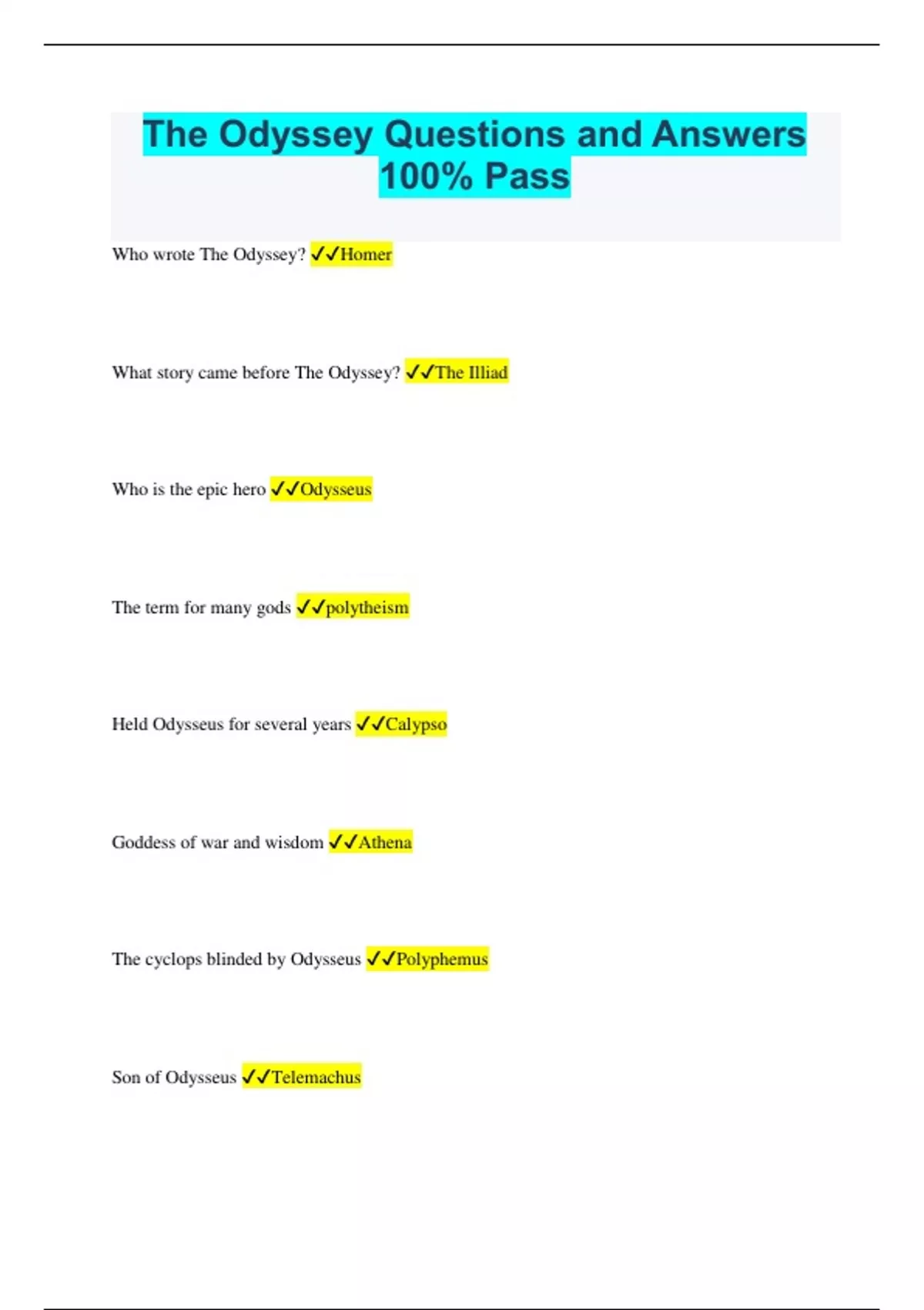 The Odyssey Questions and Answers 100% Pass - The Odyssey - Stuvia US