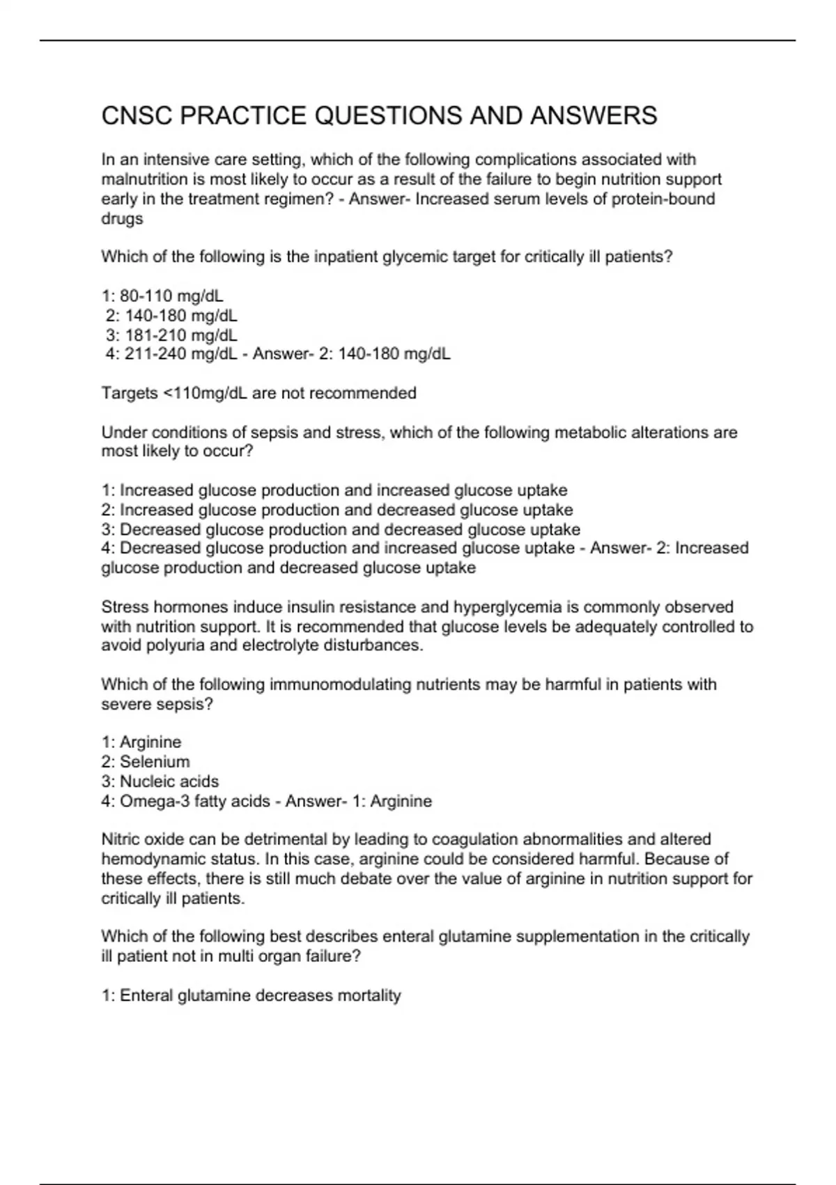 CNSC PRACTICE QUESTIONS AND ANSWERS - CNSC - Stuvia US