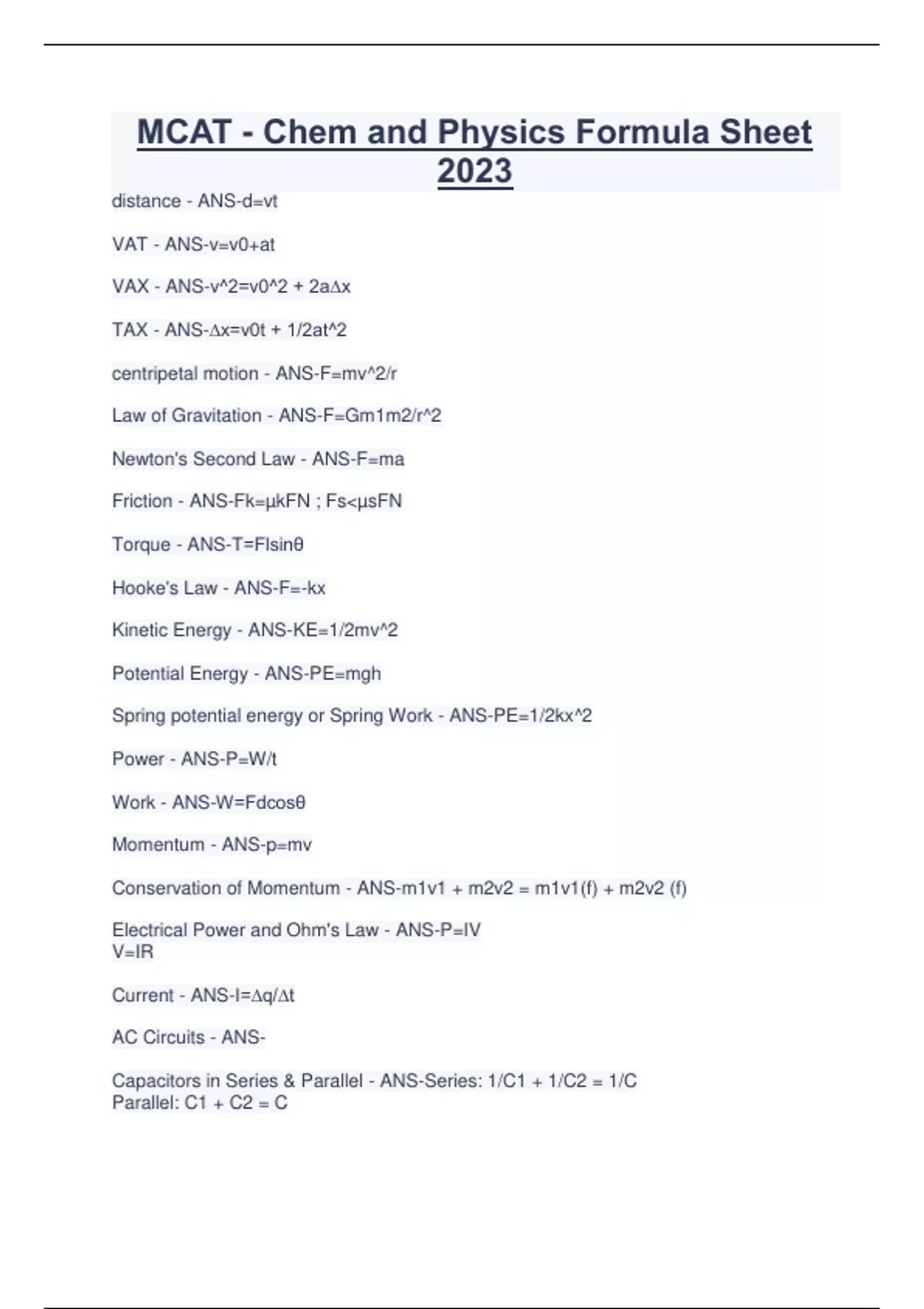 MCAT - Chem and Physics Formula Sheet 2023 - MCAT - Chem and Physics ...