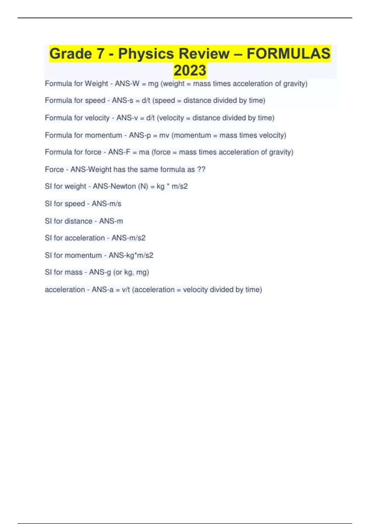 Grade 7 - Physics Review – FORMULAS 2023 - Grade 7 - Physics Revie ...