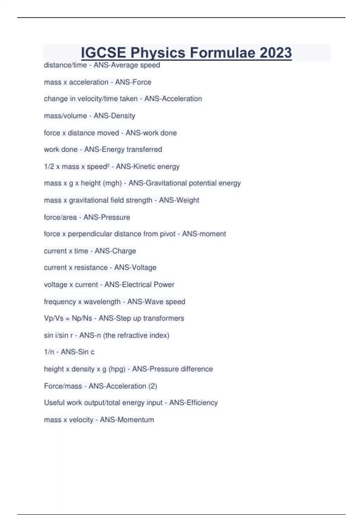 IGCSE Physics Formulae 2023 - IGCSE Physics Formulae 2023 - Stuvia US