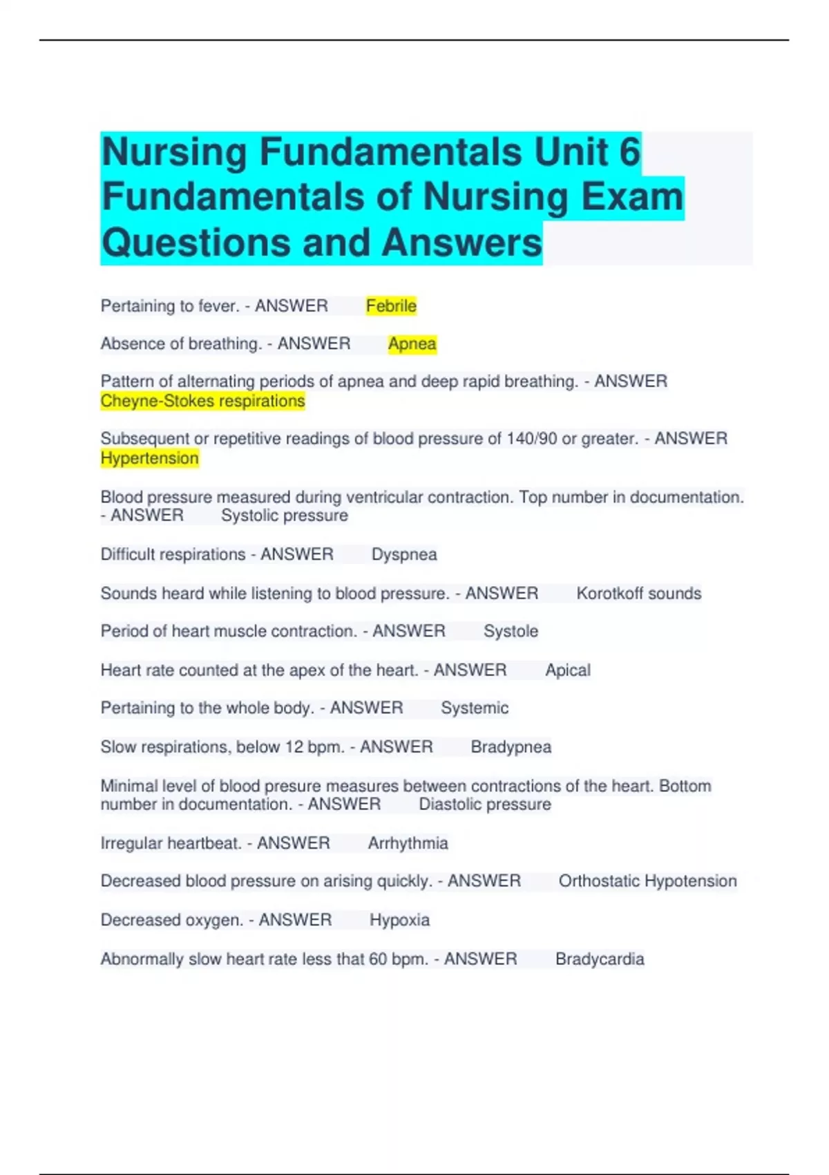 Nursing Fundamentals Unit 6 Fundamentals of Nursing Exam Questions and ...