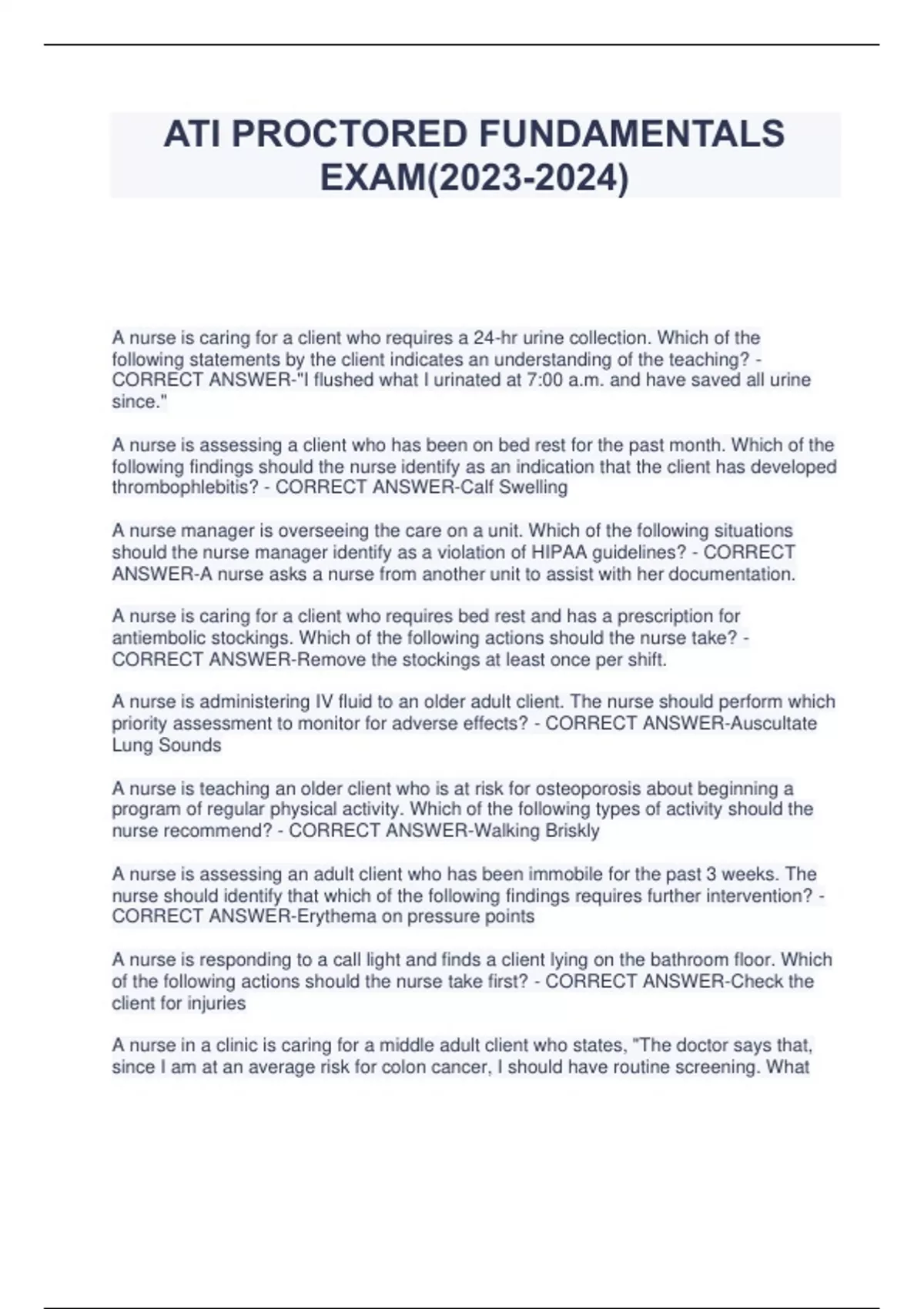 ATI PROCTORED FUNDAMENTALS EXAM() - ATI FUNDAMENTALS - Stuvia US