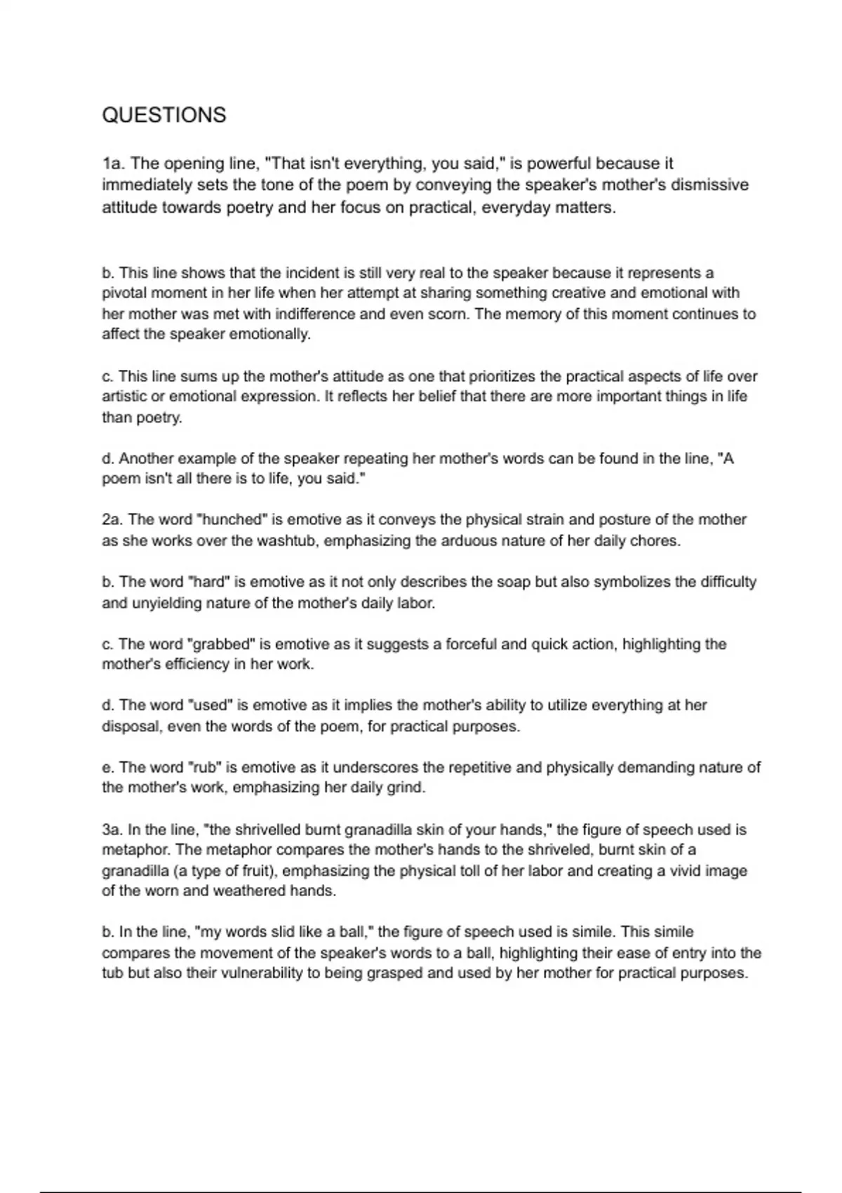 Summary Poem for my mother analysis - English Home Language - Stuvia SA