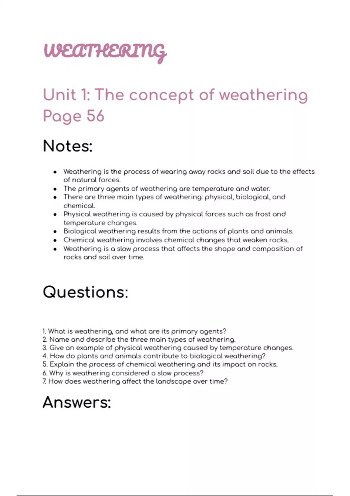Summary Grade 9, Geography: Weathering Examination Study Notes ...