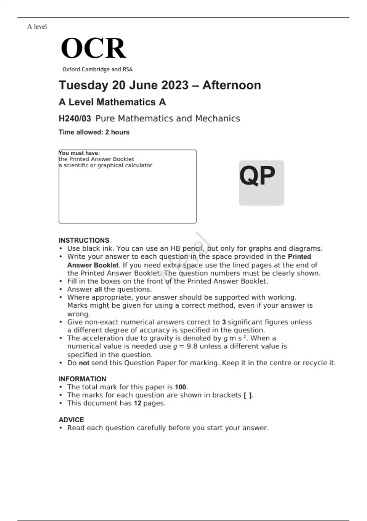 OCR A Level Mathematics A PAPER 1, 2 and 3 QUESTION PAPERS AND MARK ...