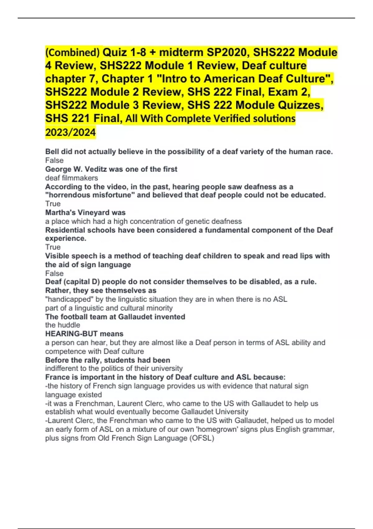 (Combined) Quiz 1-8 + midterm SP2020, SHS222 Module 4 Review, SHS222 Module 1 Review, Deaf ...