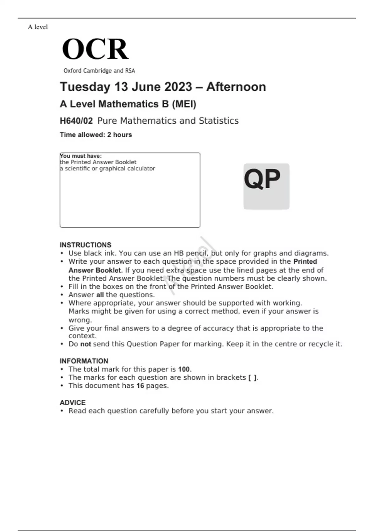 OCR A Level Mathematics B (MEI) H640/02 JUNE 2023 QUESTION PAPER AND ...