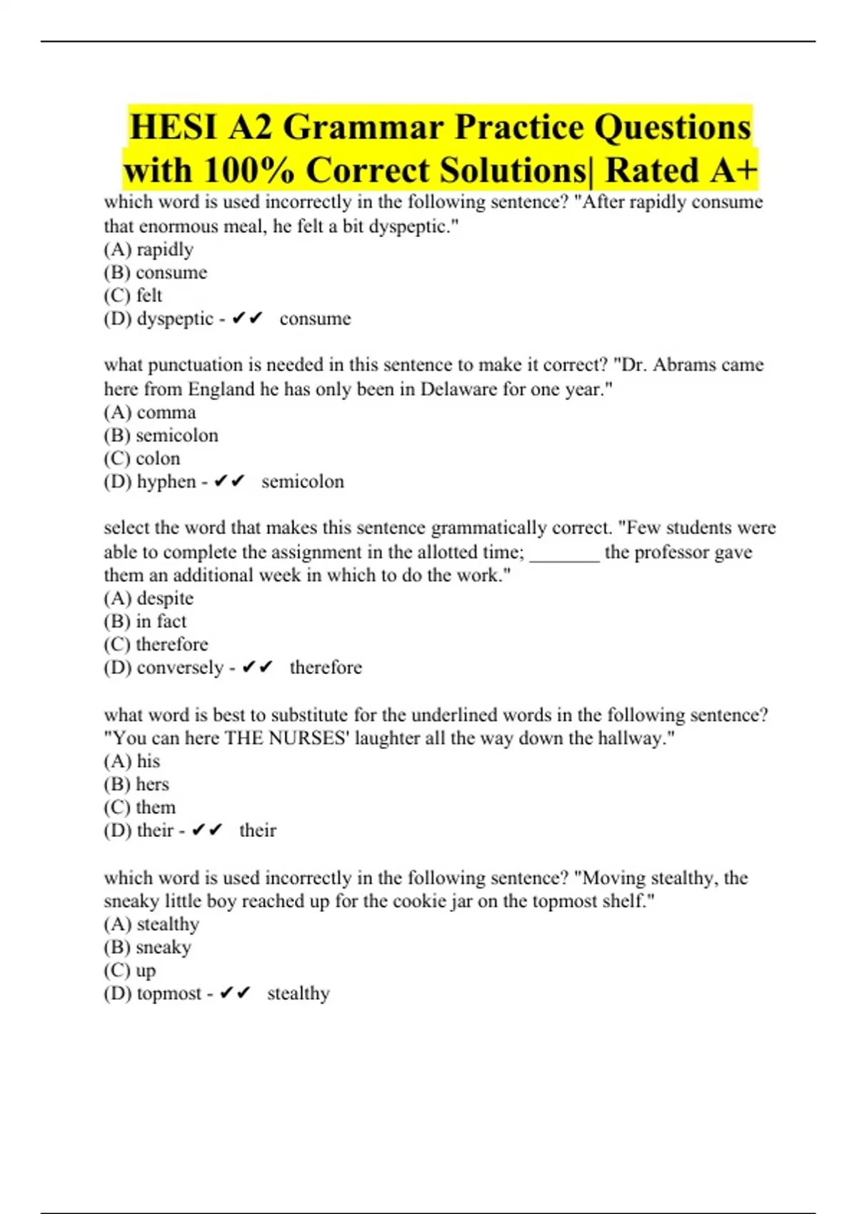 HESI A2 Grammar Practice Questions with 100% Correct Solutions| Rated ...