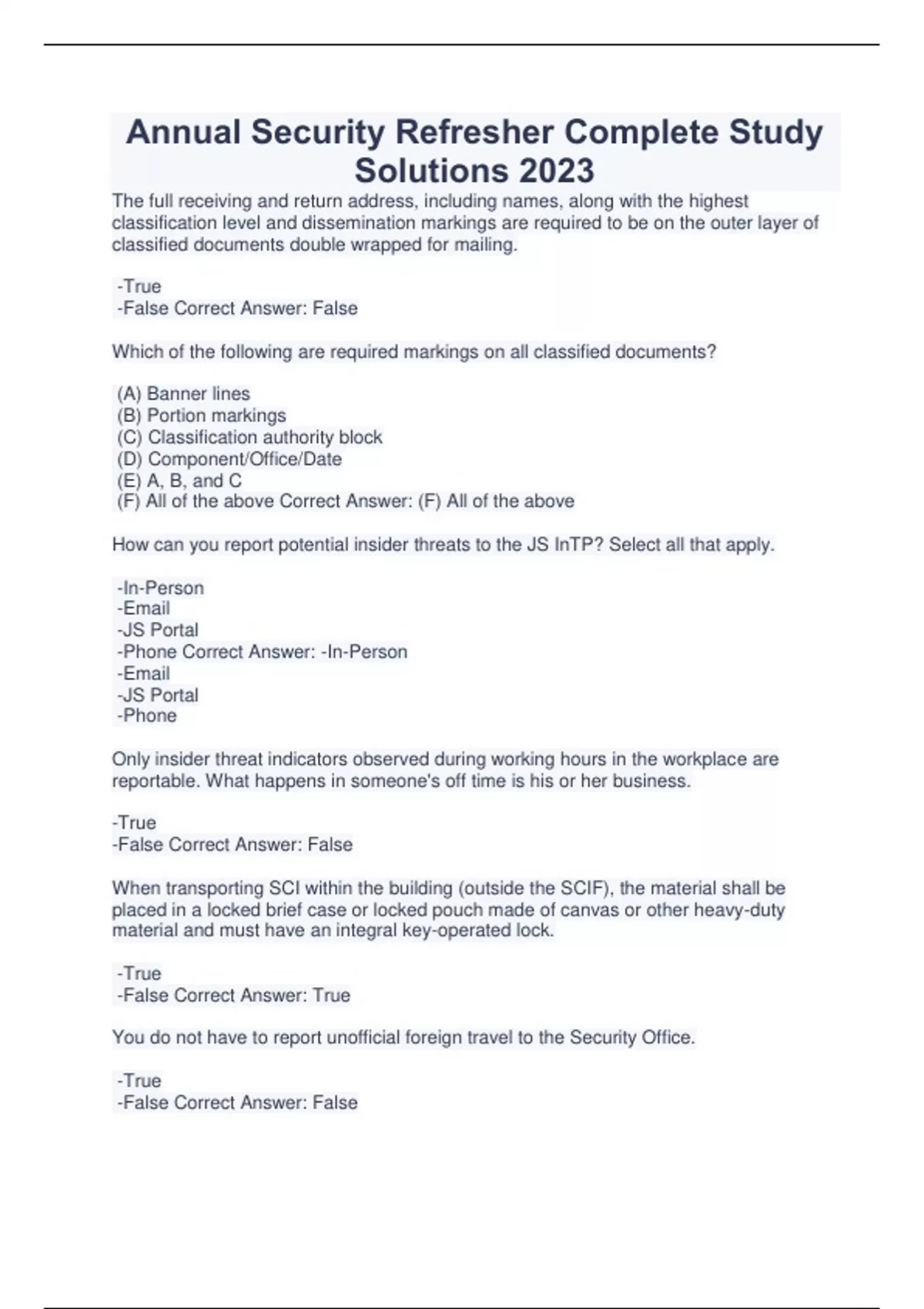 Annual Security Refresher Complete Study Solutions 2023 - Annual ...