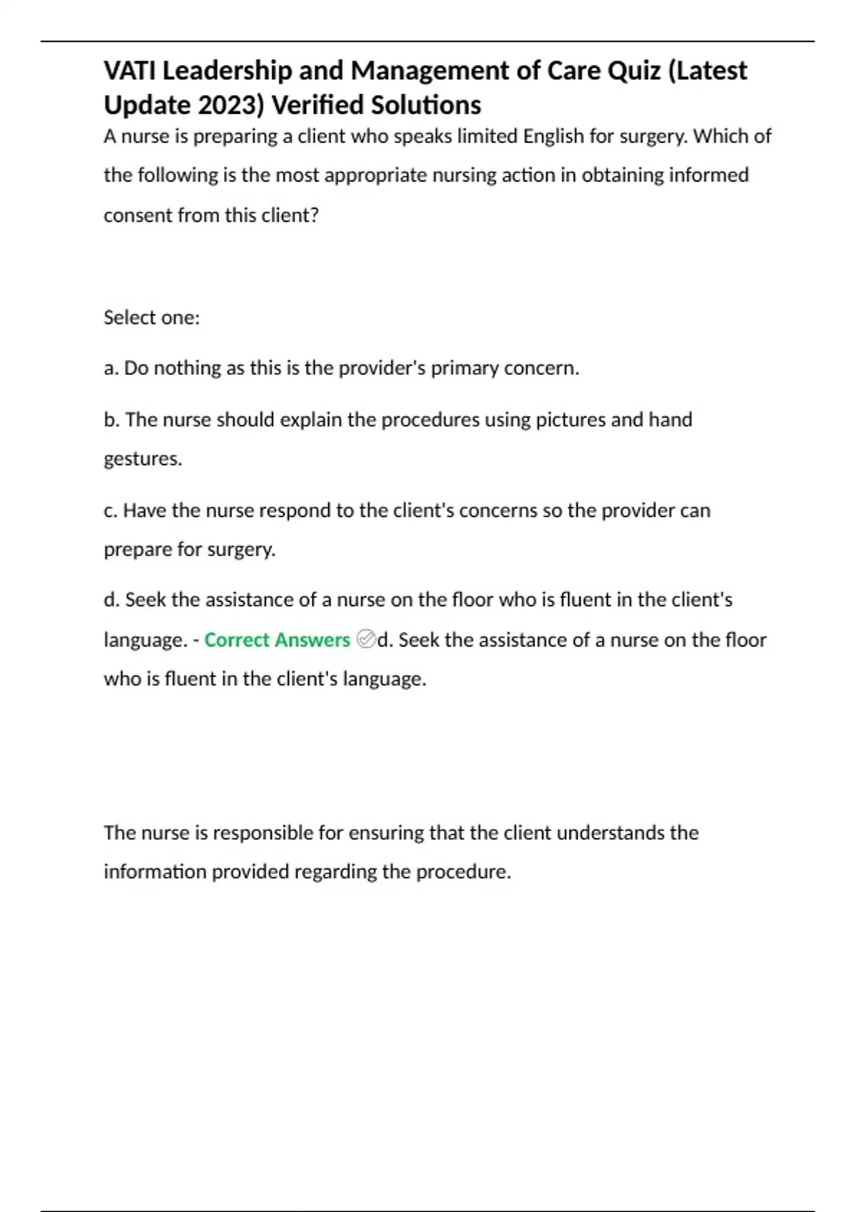 Leadership And Management Of Care Quiz