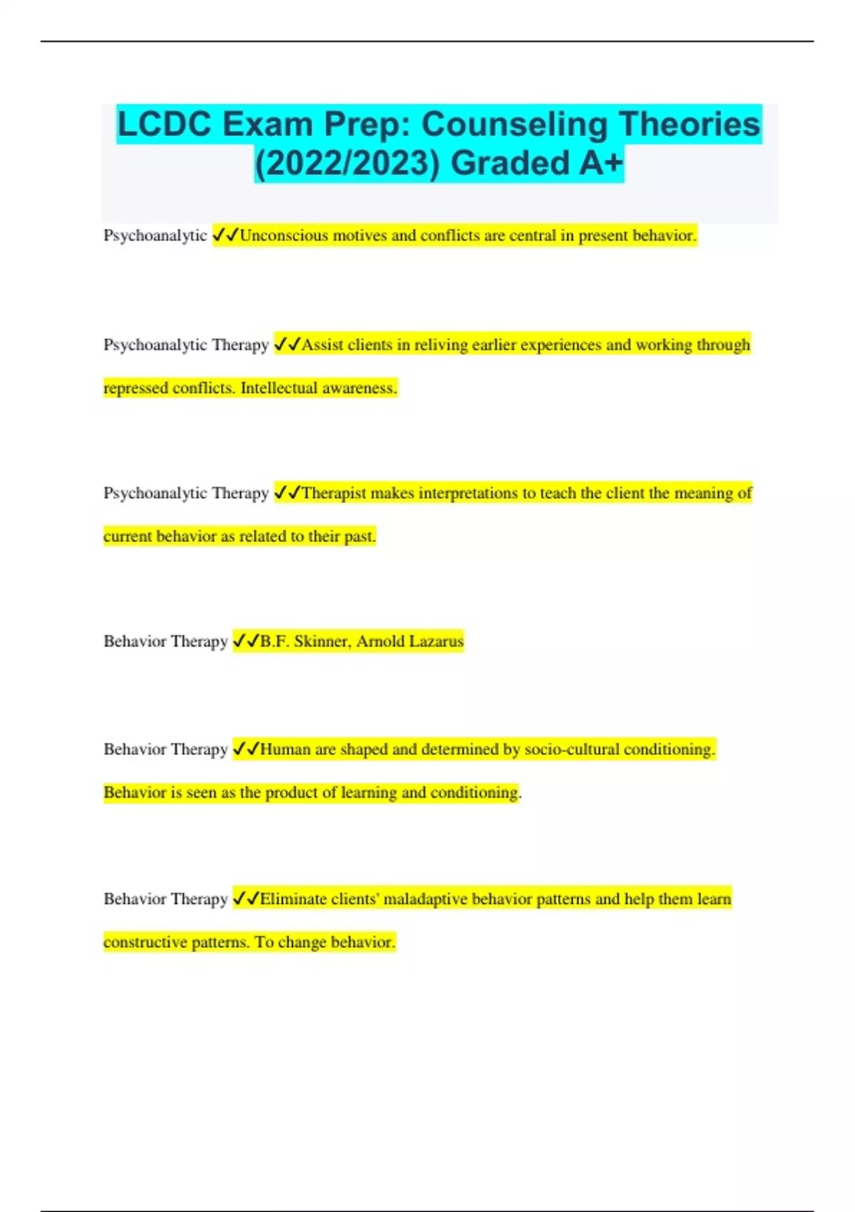 LCDC Exam Prep: Counseling Theories (2022/2023)Questions with Correct ...