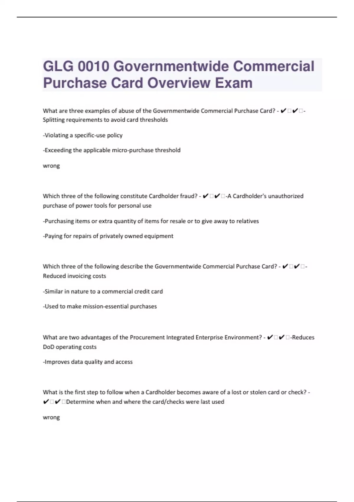 GLG 0010 /Governmentwide Commercial Purchase Card Overview Exam/51 ...