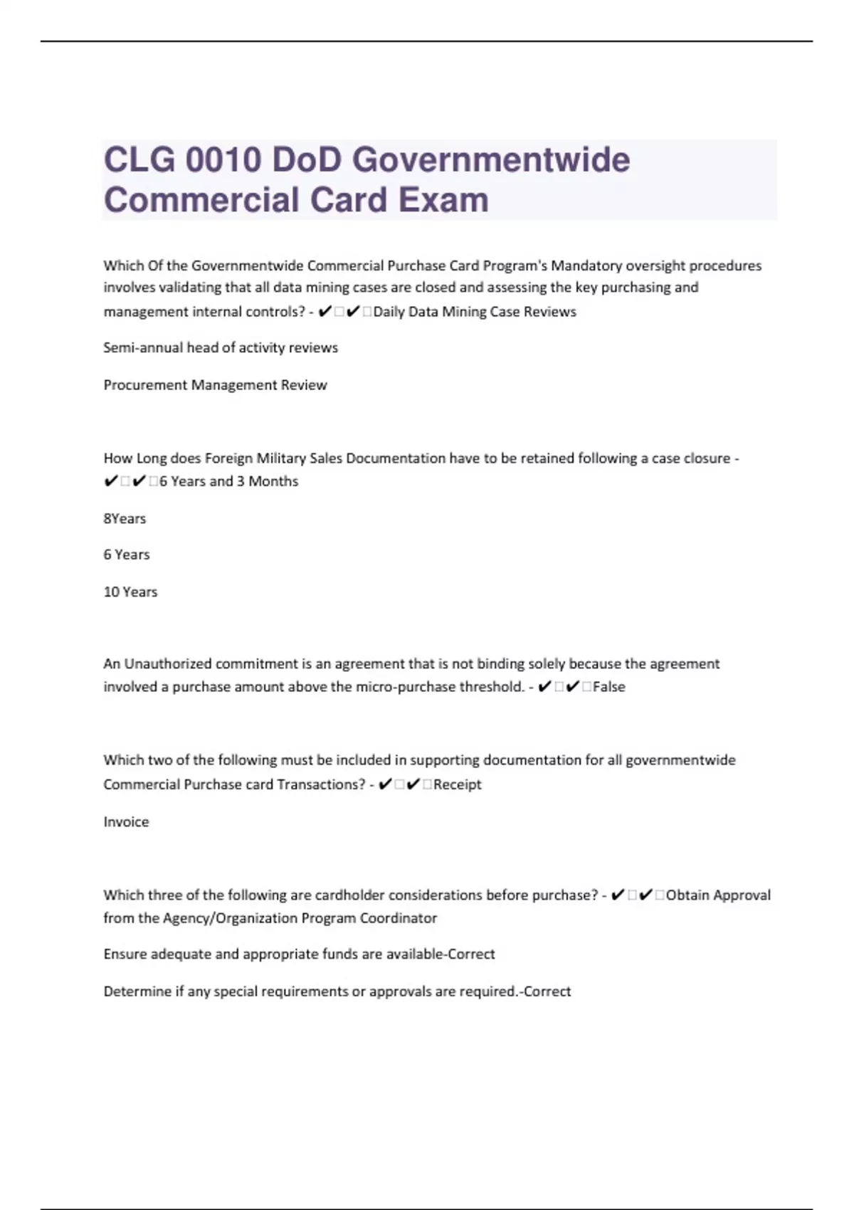 CLG 0010/ DoD Governmentwide Commercial Card/ 70 Questions and Answers ...