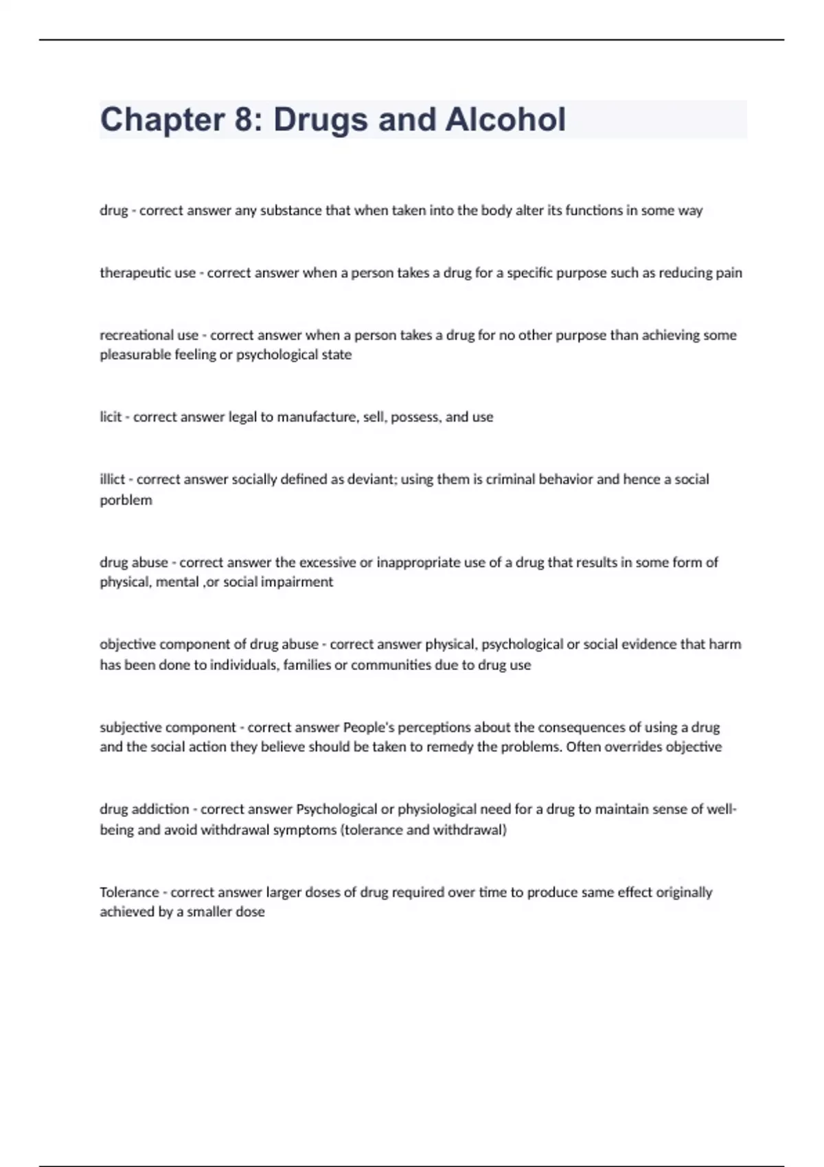 Chapter 8 Drugs and Alcohol questions well answered 2023 - DRUGS AND ...