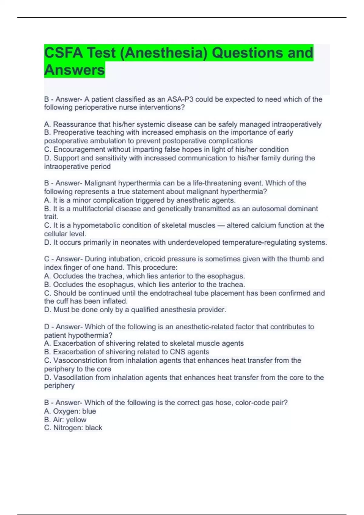 CSFA Test (Anesthesia) Questions and Answers - CSFA - Stuvia US