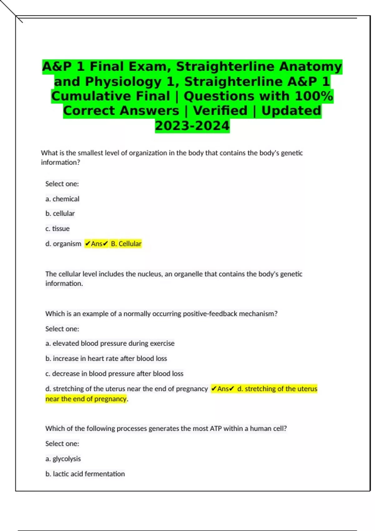 A&P 1 Final Exam, Straighterline Anatomy and Physiology 1 ...