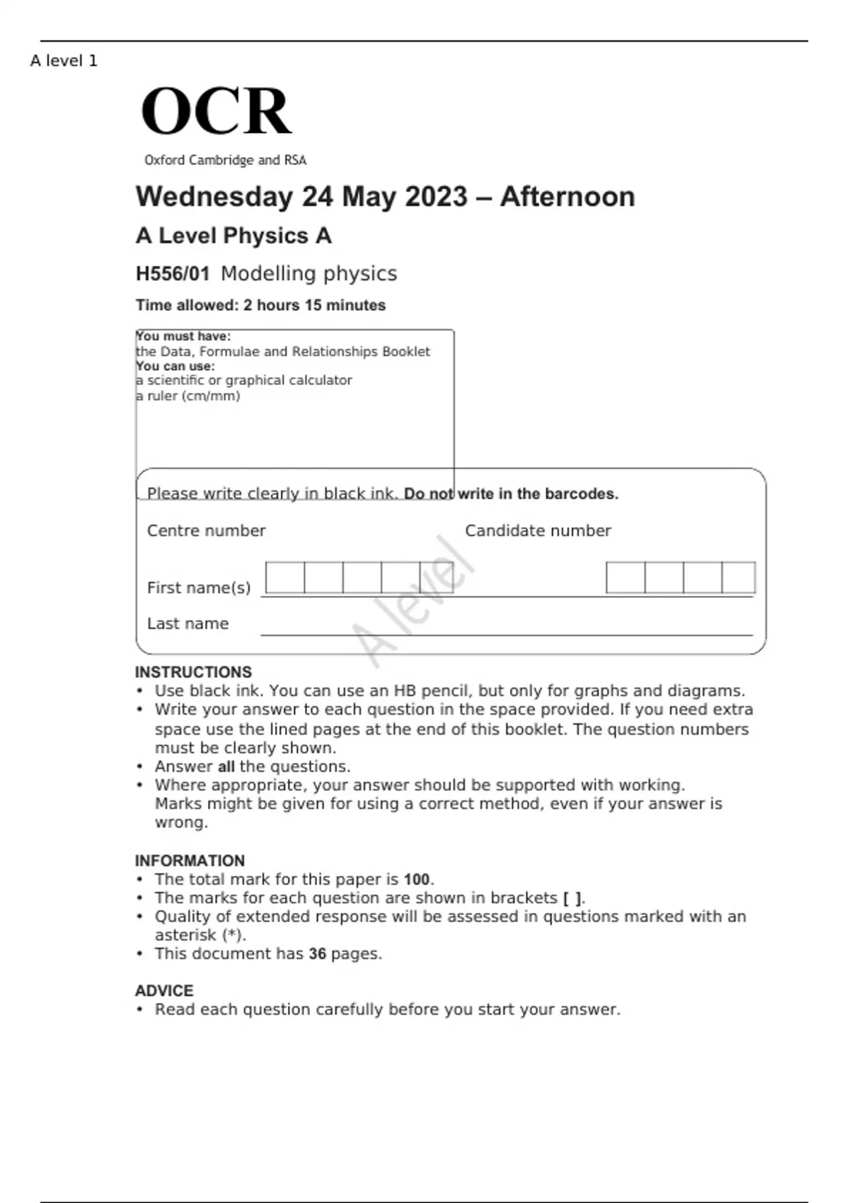 OCR A Level Physics A PAPER 1, 2 and 3 JUNE 2023 QUESTION PAPERS AND ...