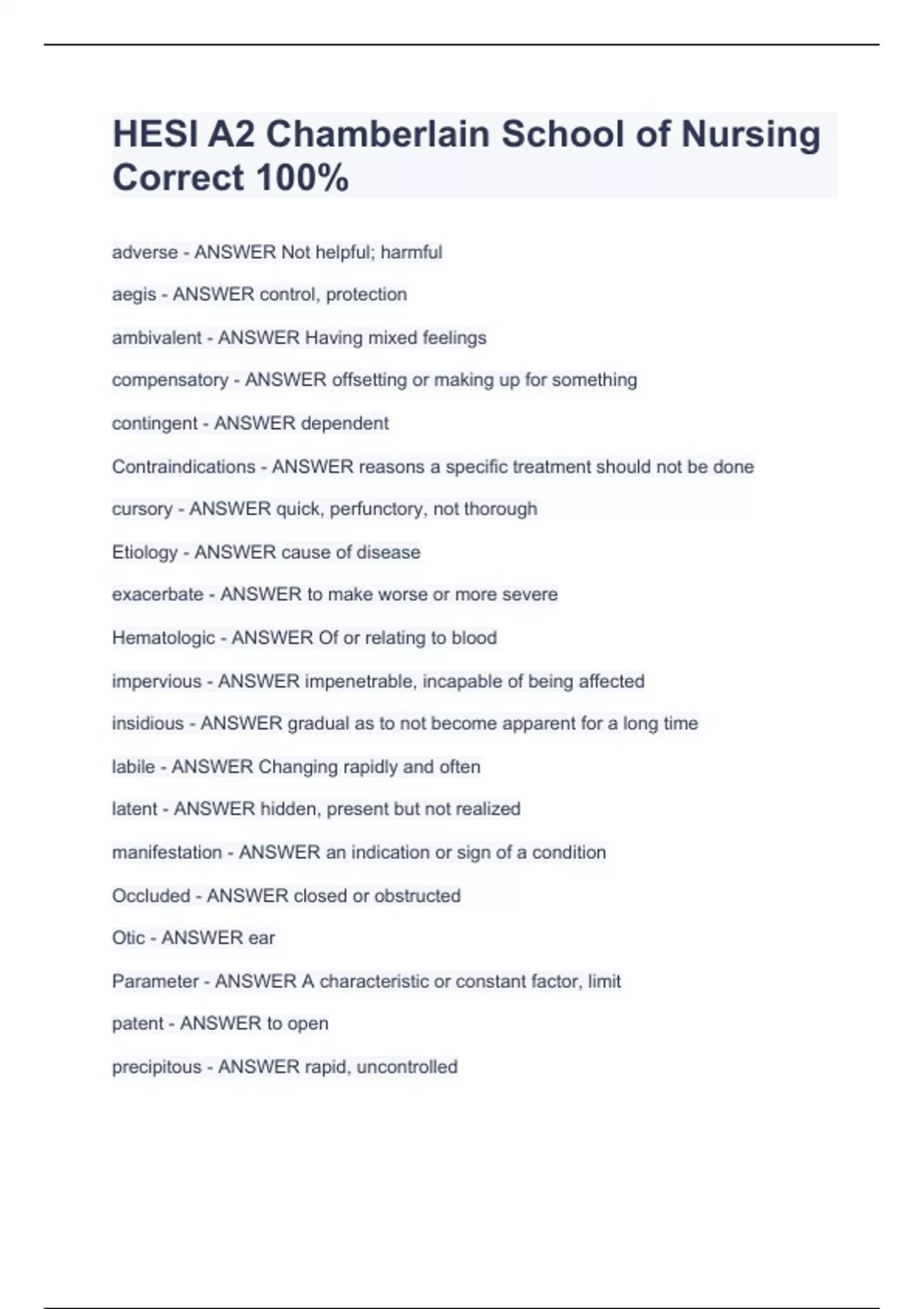 HESI A2 Chamberlain School of Nursing Correct 100% - HESI A2 - Stuvia US