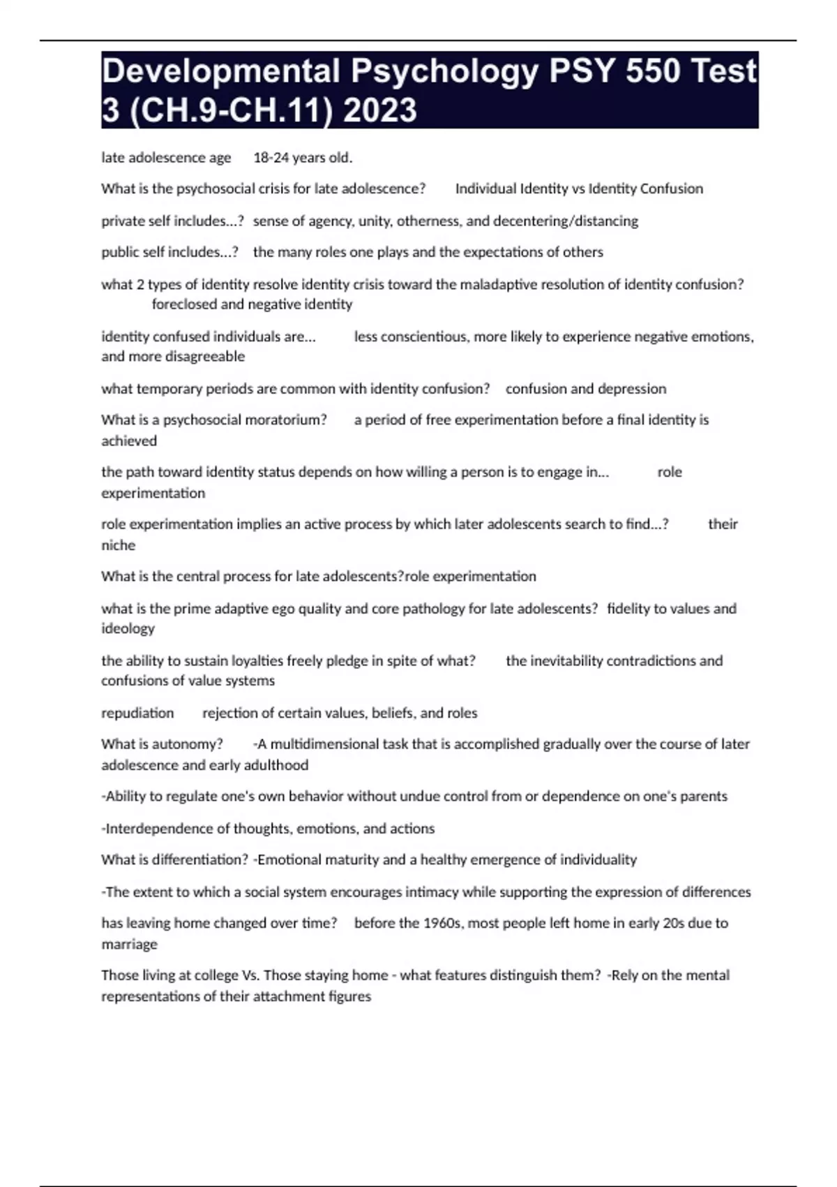 Developmental Psychology PSY 550 Test 3 (CH.9-CH.11) 2023 ...
