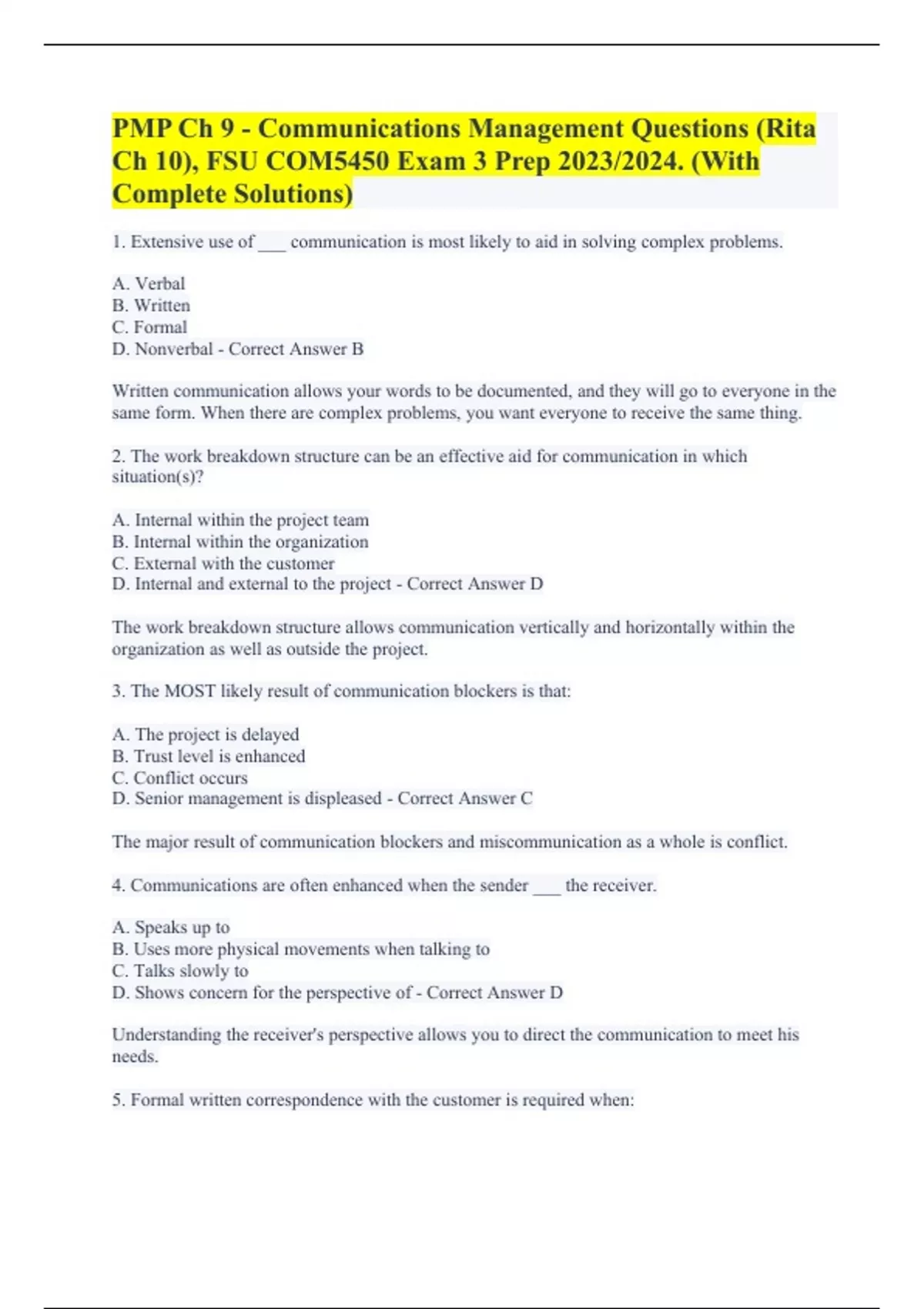 PMP Ch 9 - Communications Management Questions (Rita Ch 10), FSU COM5450 Exam 3 Prep 2023/2024 ...
