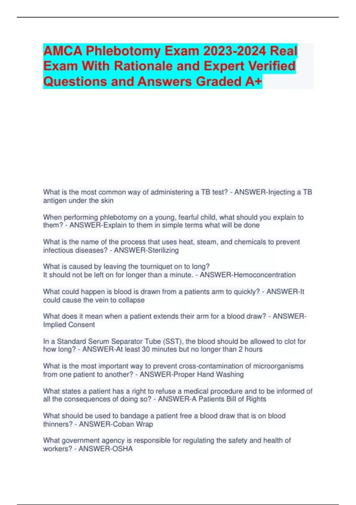 AMCA Phlebotomy Exam Real Exam With Rationale and Expert Verified ...