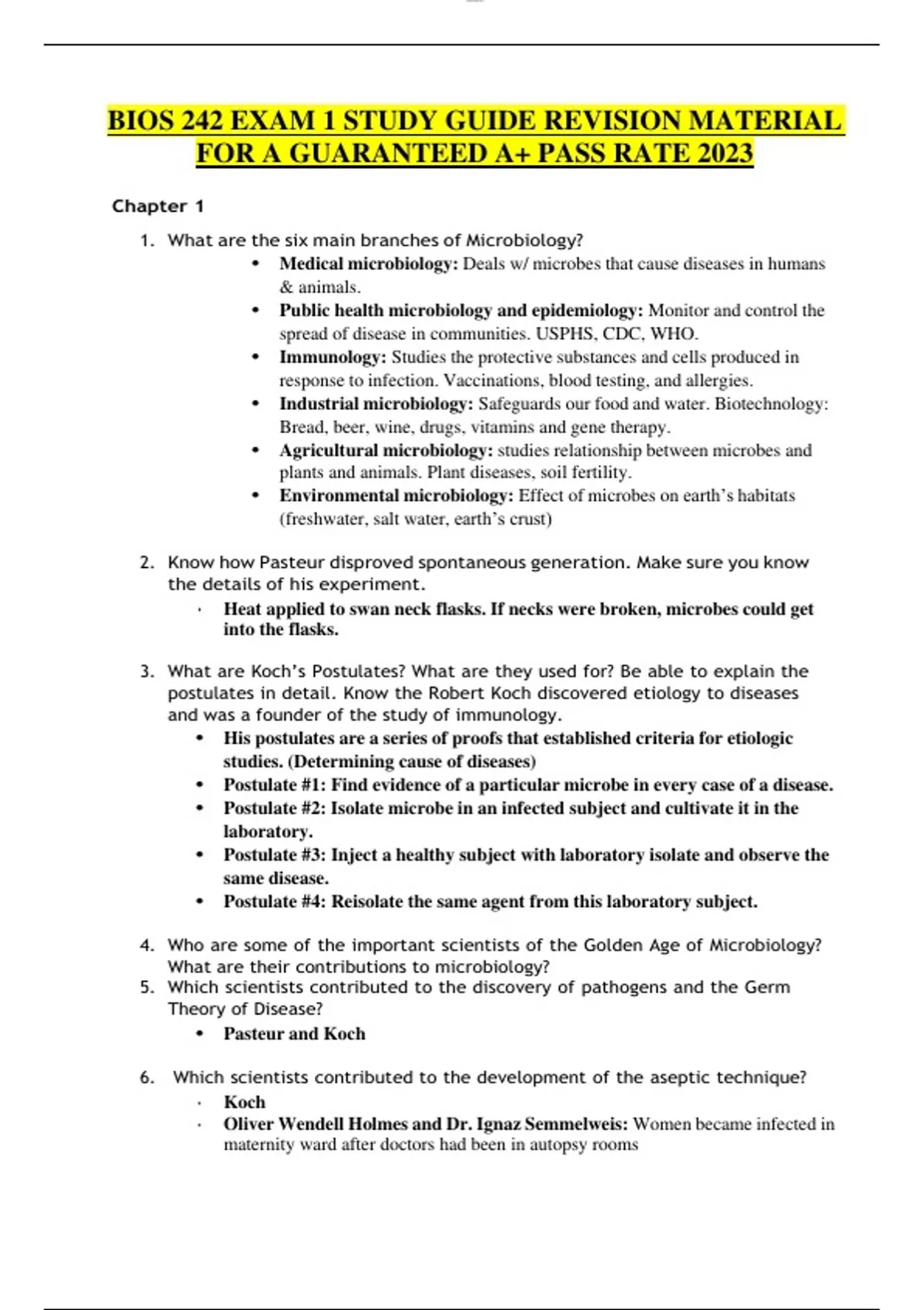 Summary BIOS 242 EXAM 1 STUDY GUIDE REVISION MATERIAL FOR A GUARANTEED ...