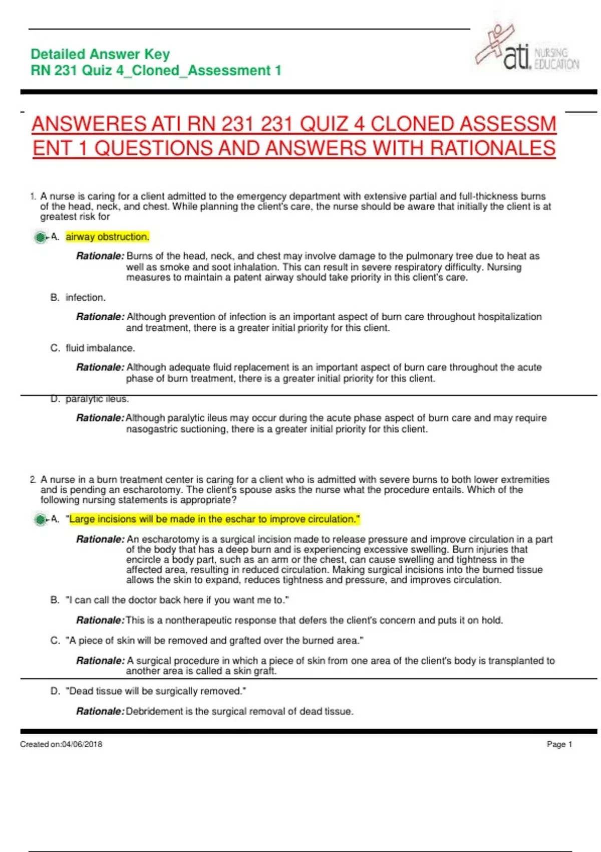 ANSWERES ATI RN 231 231 QUIZ 4 CLONED ASSESSM ENT 1 QUESTIONS AND ...