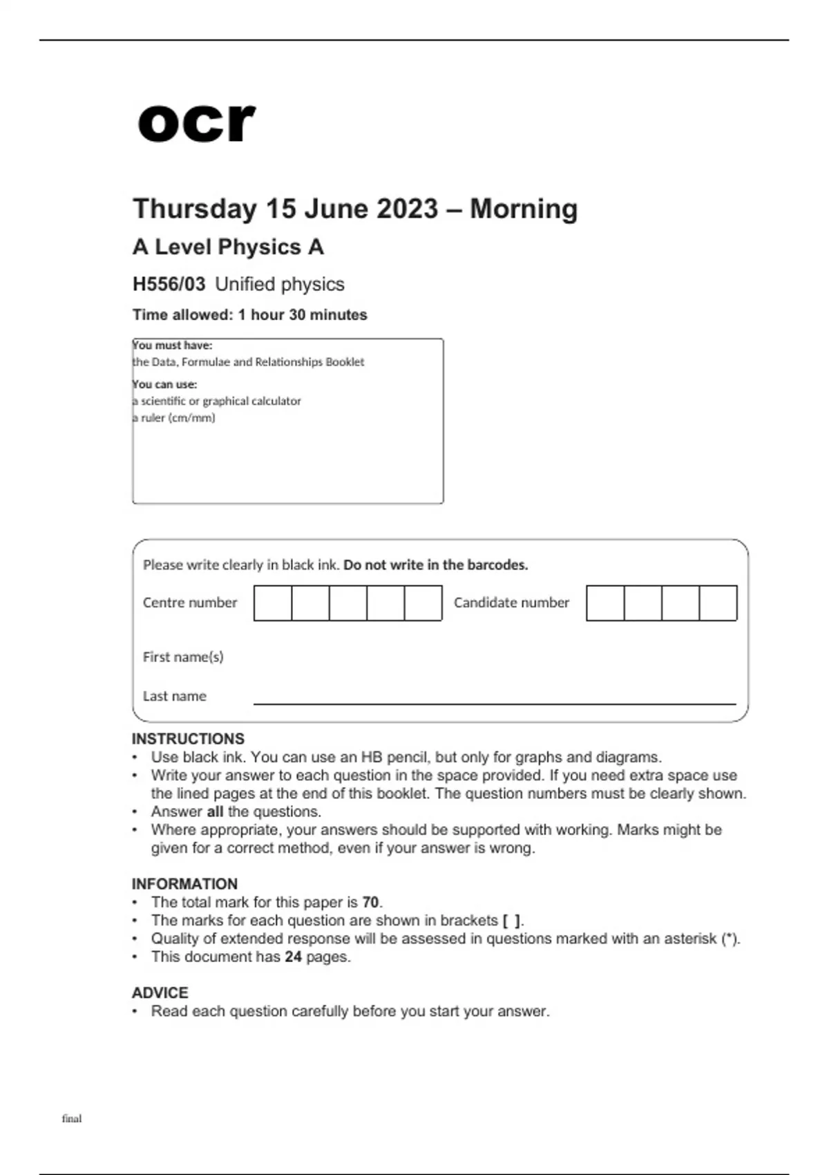ocr A Level Physics A (H556/03) QUESTION PAPER June2023. - A Level ...