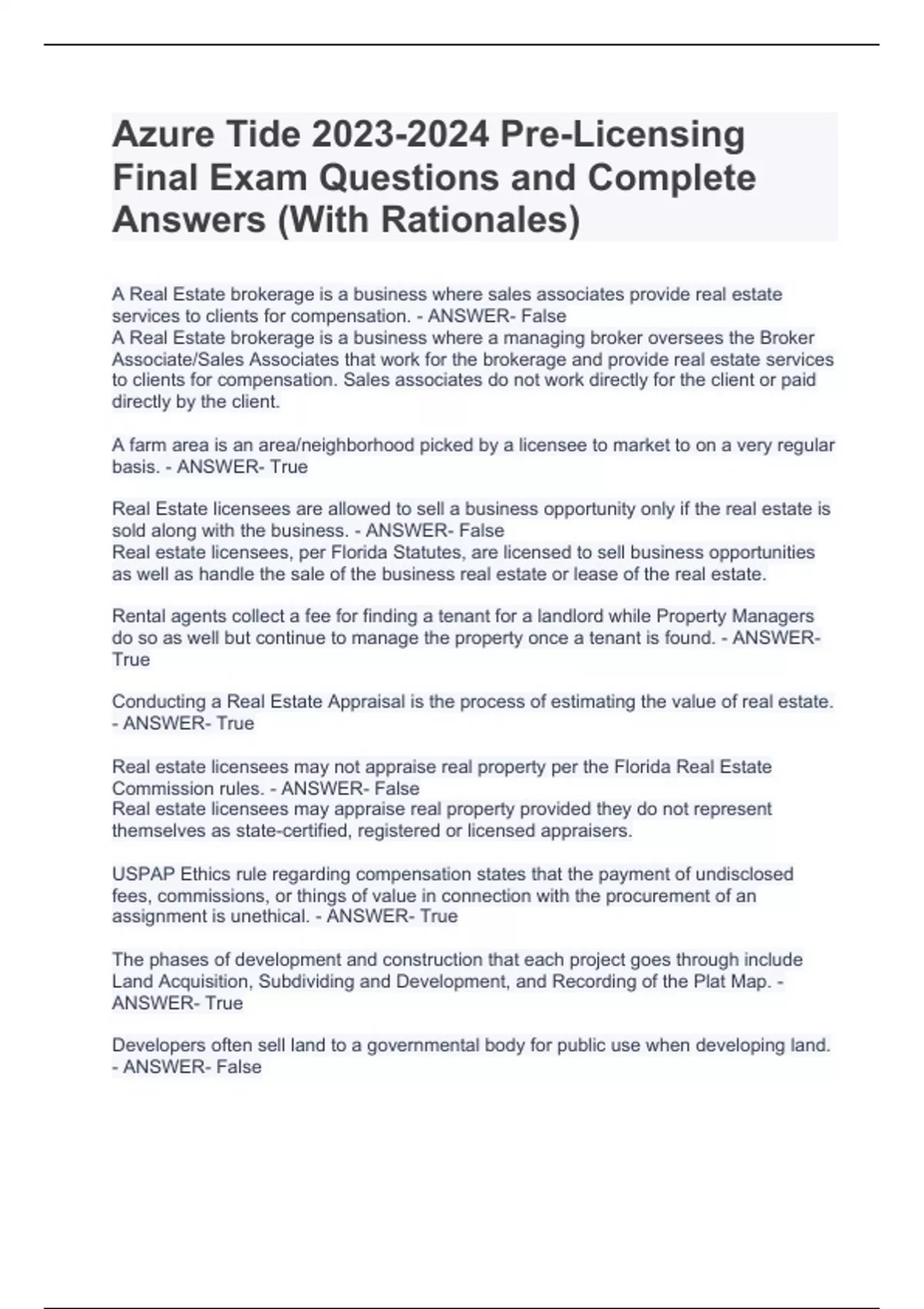 Azure Tide Pre-Licensing Final Exam Questions and Complete Answers ...