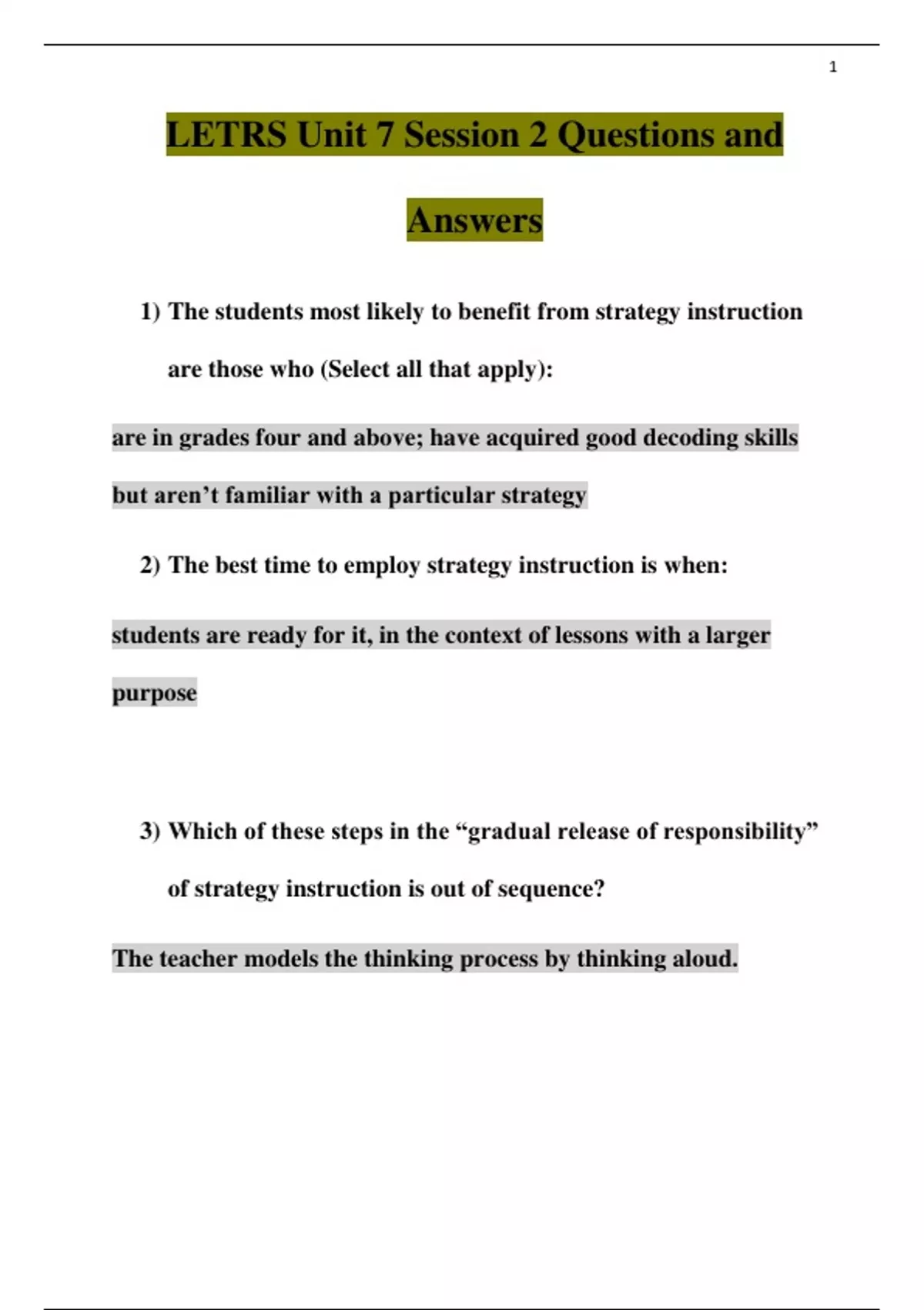 LETRS Unit 7 Session 2 Questions and Answers - Letrs - Stuvia US