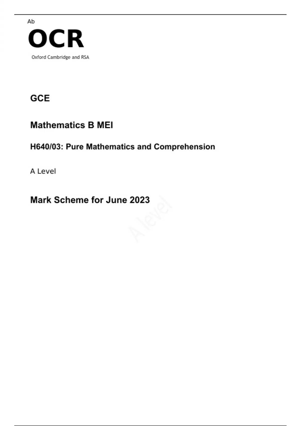 OCR A Level Mathematics B (MEI) H640/03 MARK SCHEME 2023: Pure ...