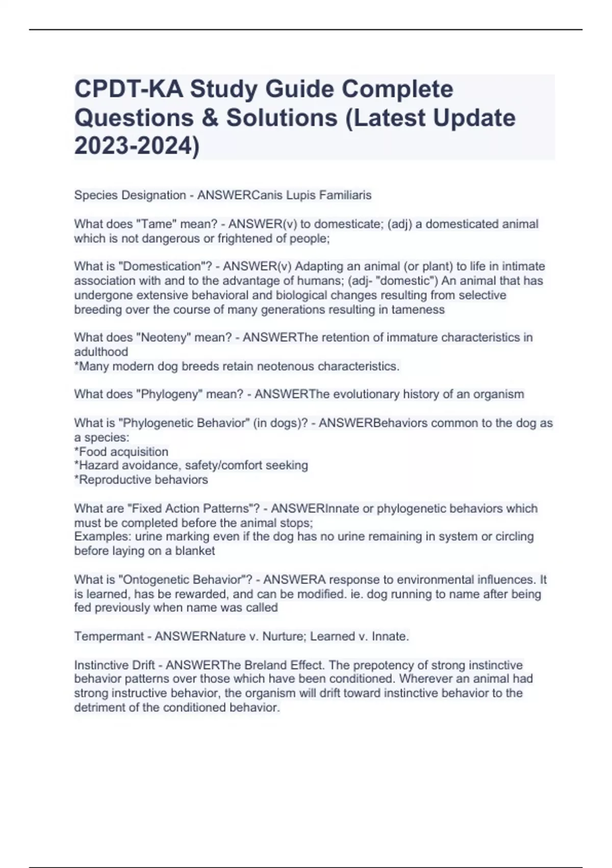 CPDT-KA Study Guide Complete Questions & Solutions (Latest Update ...