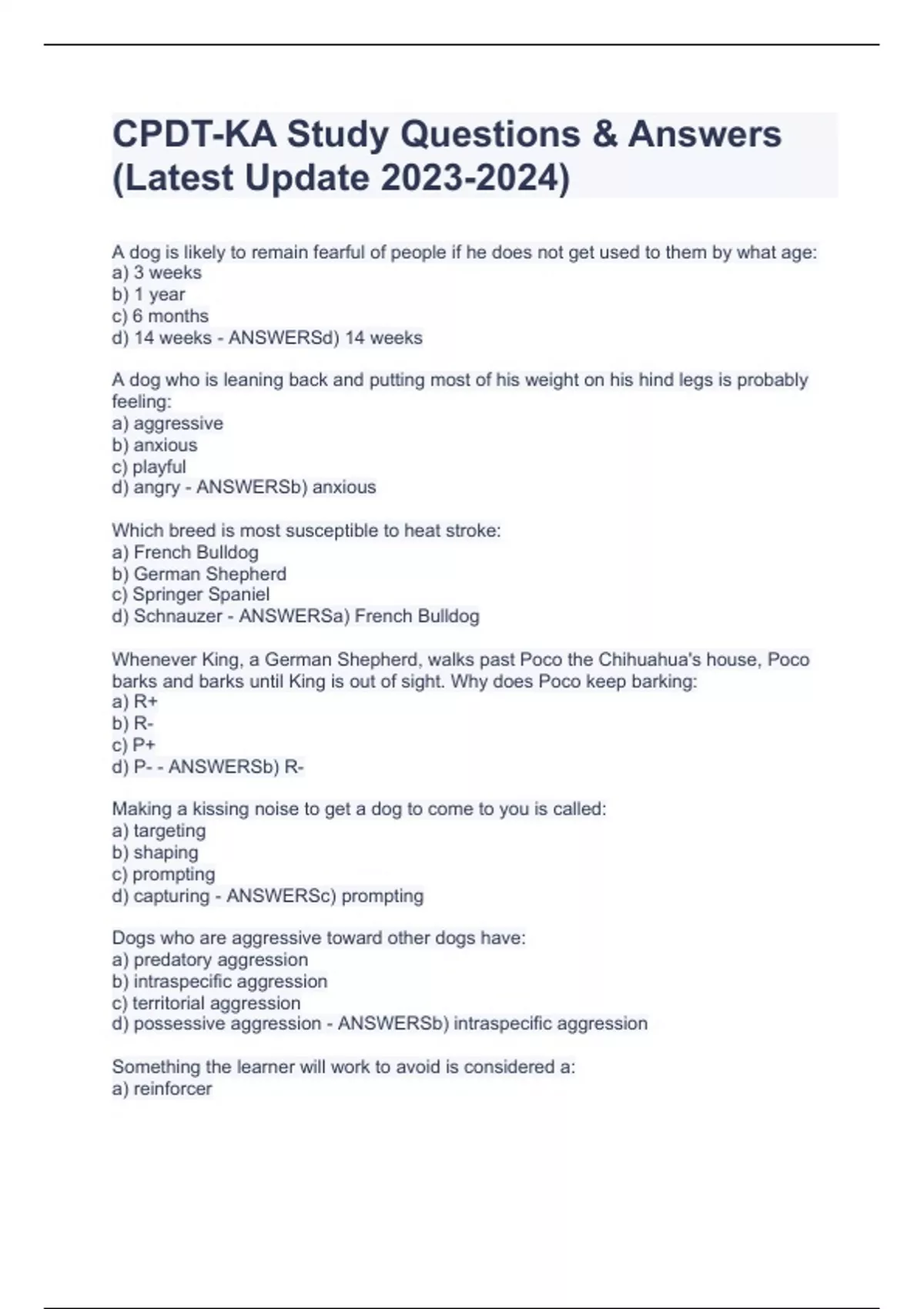 CPDT-KA Study Questions & Answers (Latest Update ) - CPDT-KA - Stuvia US