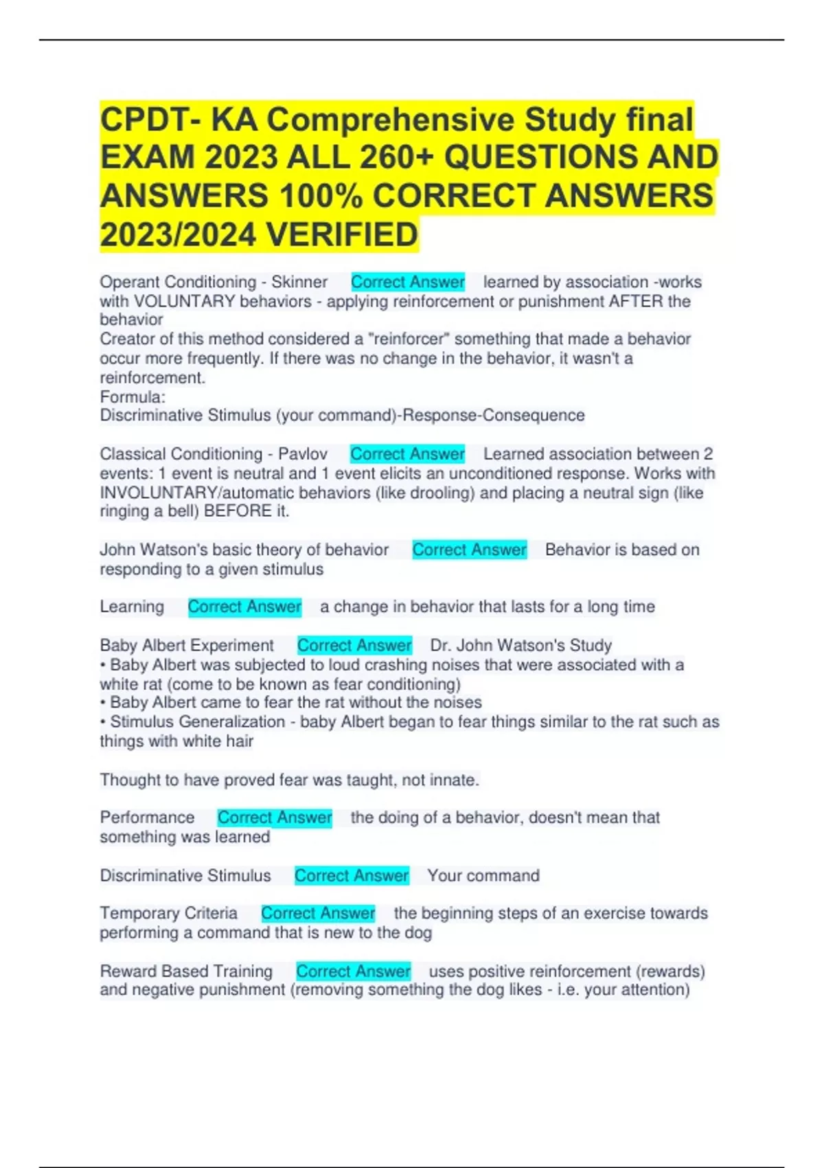 CPDT- KA Comprehensive Study GUIDE final EXAM 2023 ALL 260+ QUESTIONS ...