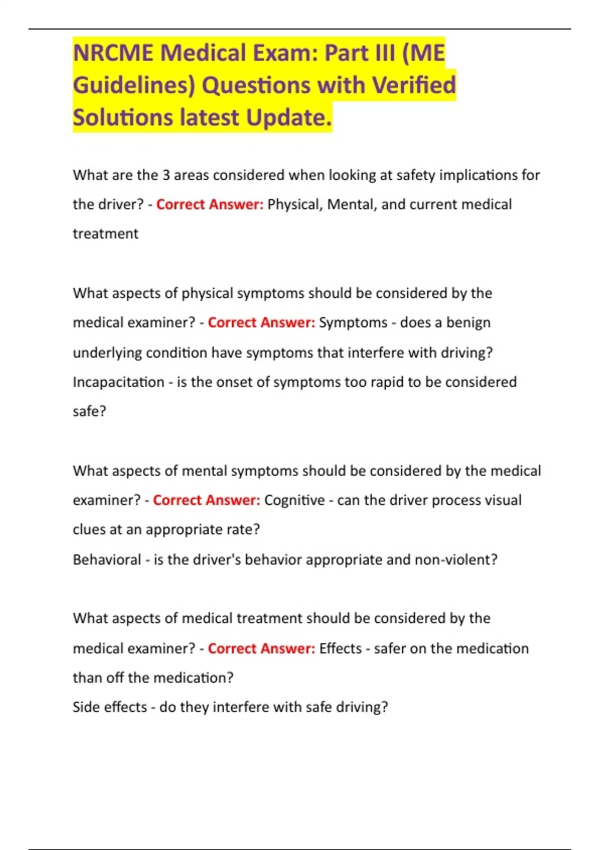 NRCME Medical Exam: Part III (ME Guidelines) Questions with Verified ...