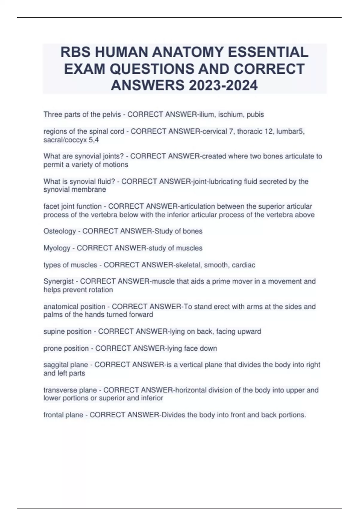RBS HUMAN ANATOMY ESSENTIAL EXAM QUESTIONS AND CORRECT ANSWERS - Rbs ...