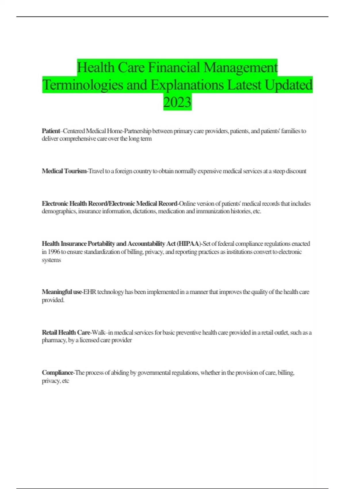 Health Care Financial Management Terminologies and Explanations Latest ...